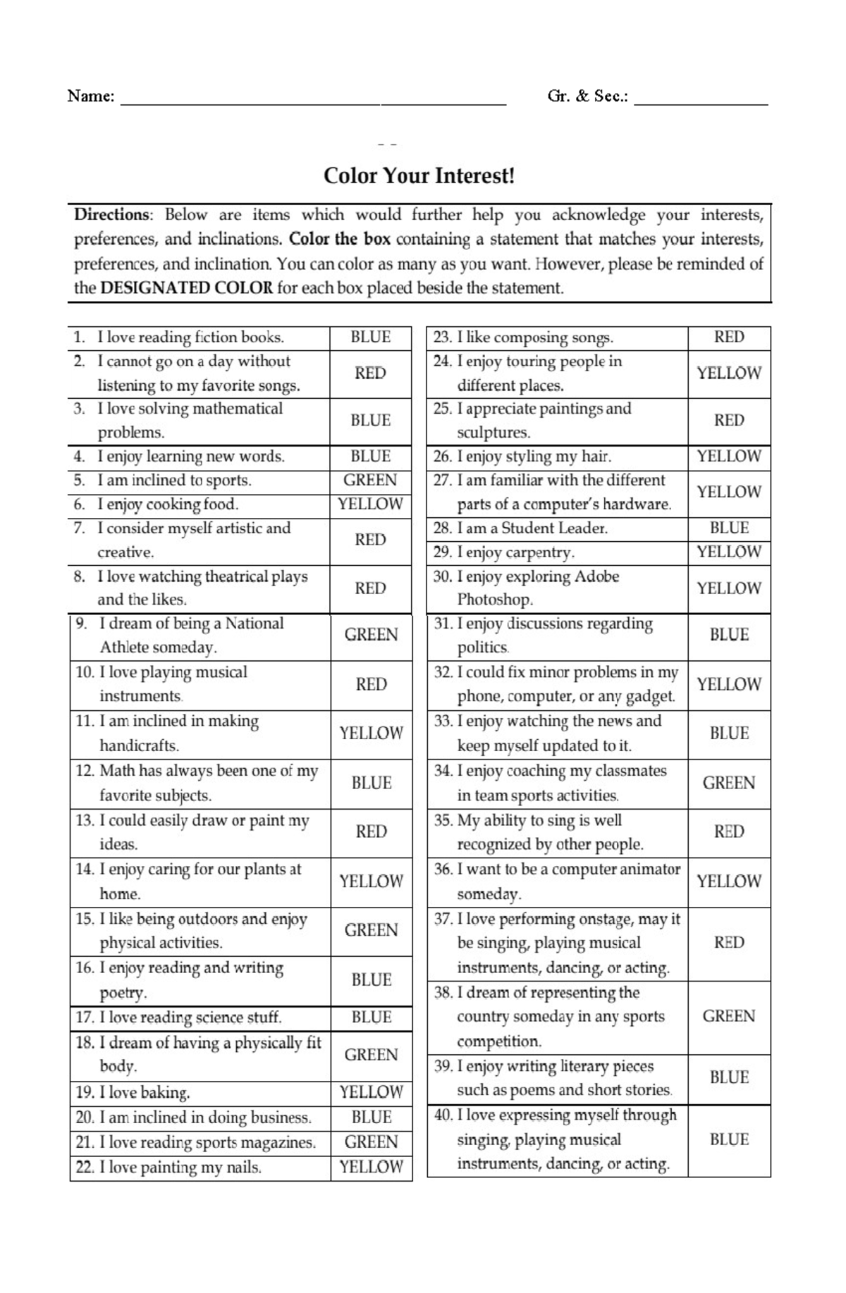 Appendix A: Color Your Interests Activity Guide - Studocu