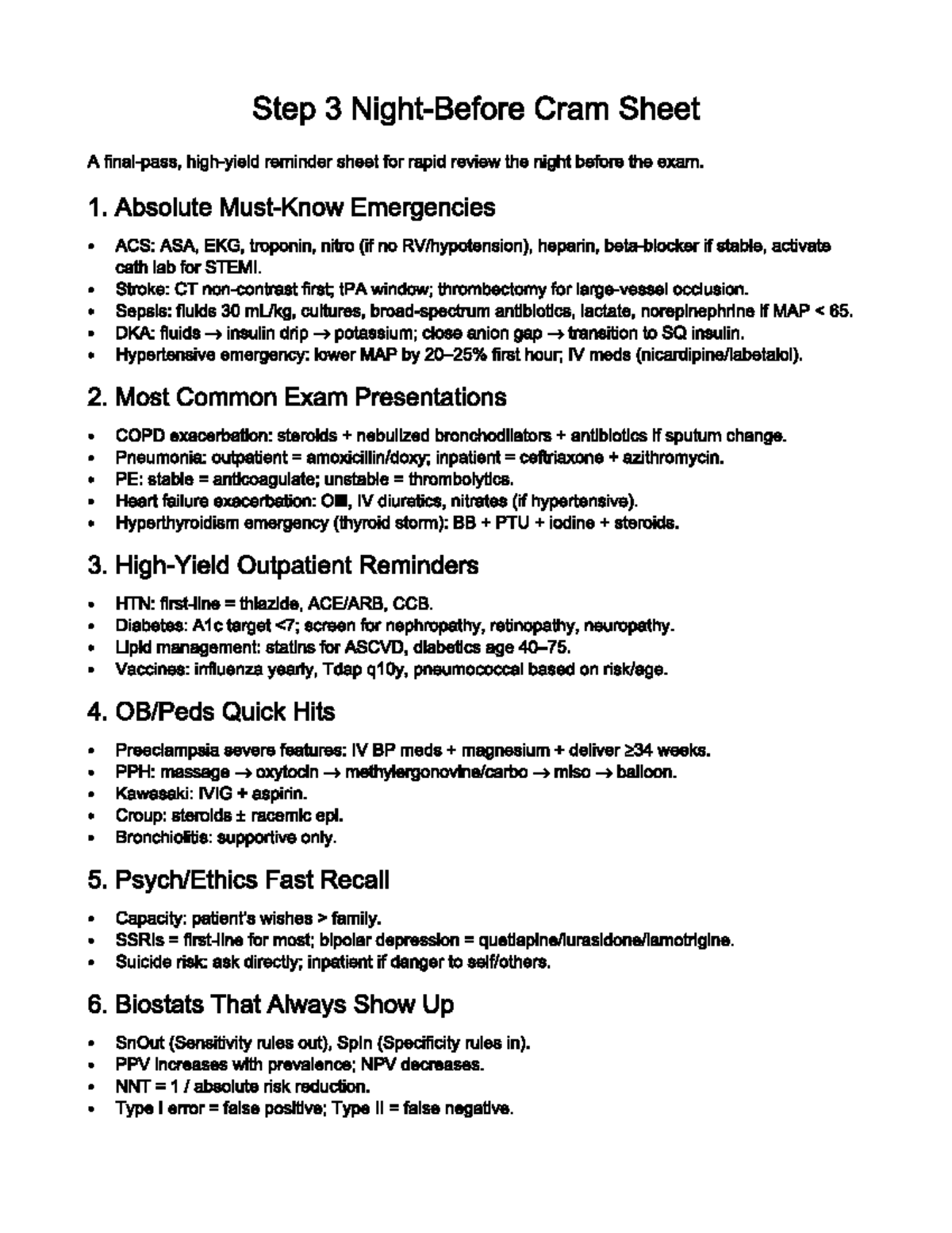 Step 3 Final Exam Cram Sheet: Key Emergency Guidelines and Reminders ...