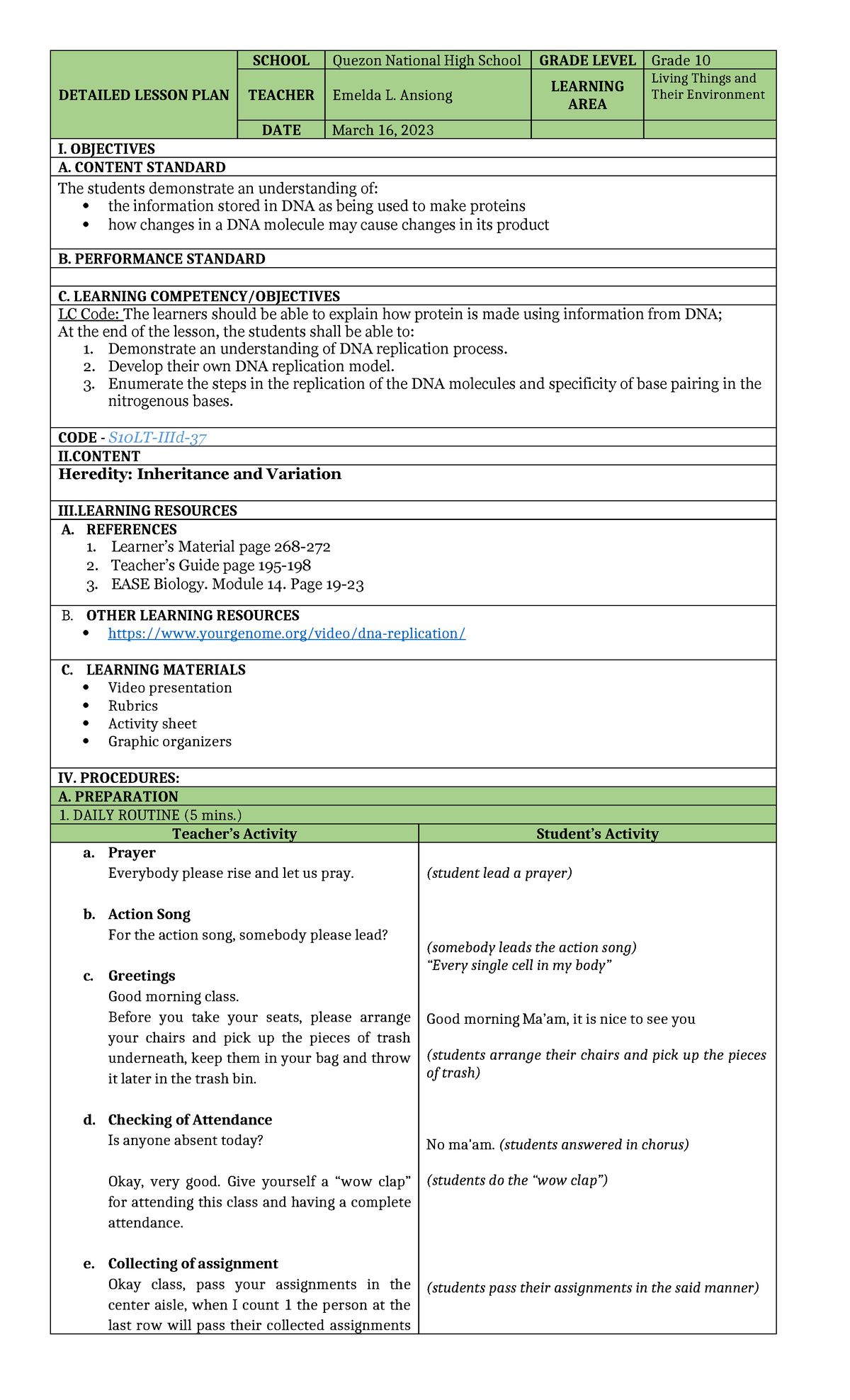 DLP: Detailed Lesson Plan on DNA Replication for Grade 10 Biology - Studocu