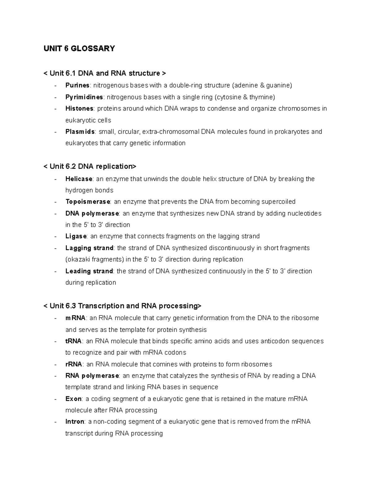 UNIT 6 GLOSSARY: Key Terms in DNA, RNA, and Gene Regulation - Studocu