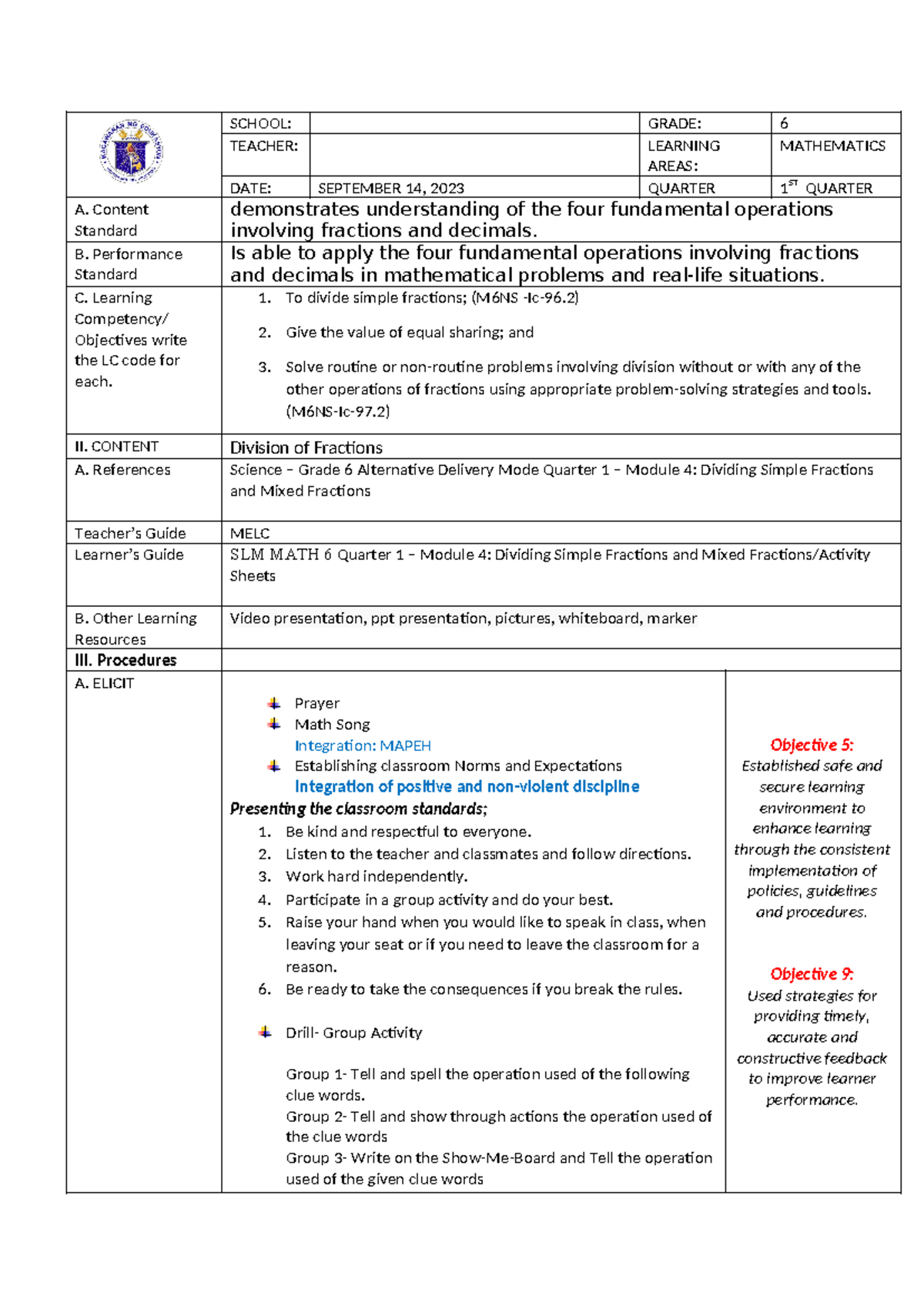 Classroom Observation Report: Mathematics Division Strategies - Grade 6 ...