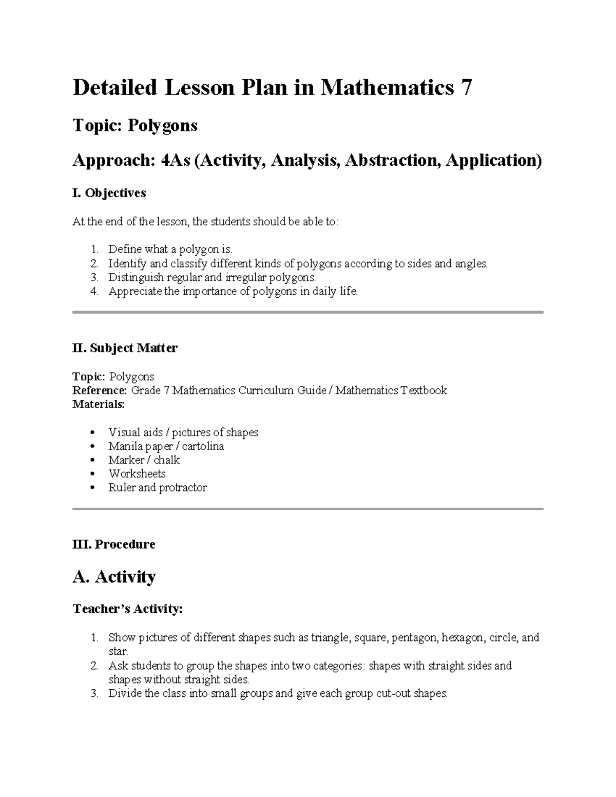 Mathematics 7 Detailed Lesson Plan: Polygons & 4As Approach - Studocu