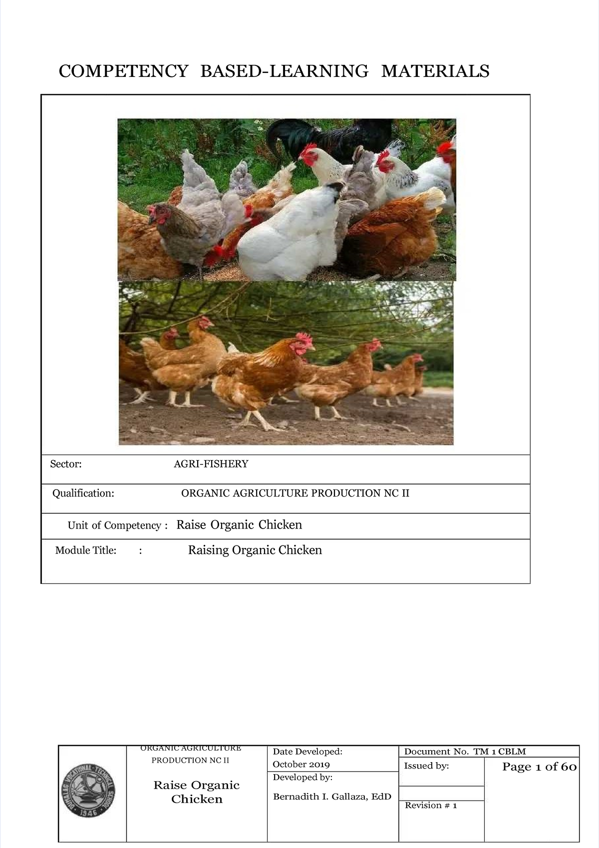 CBLM F3: Competency-Based Learning for Raising Organic Chicken - Studocu