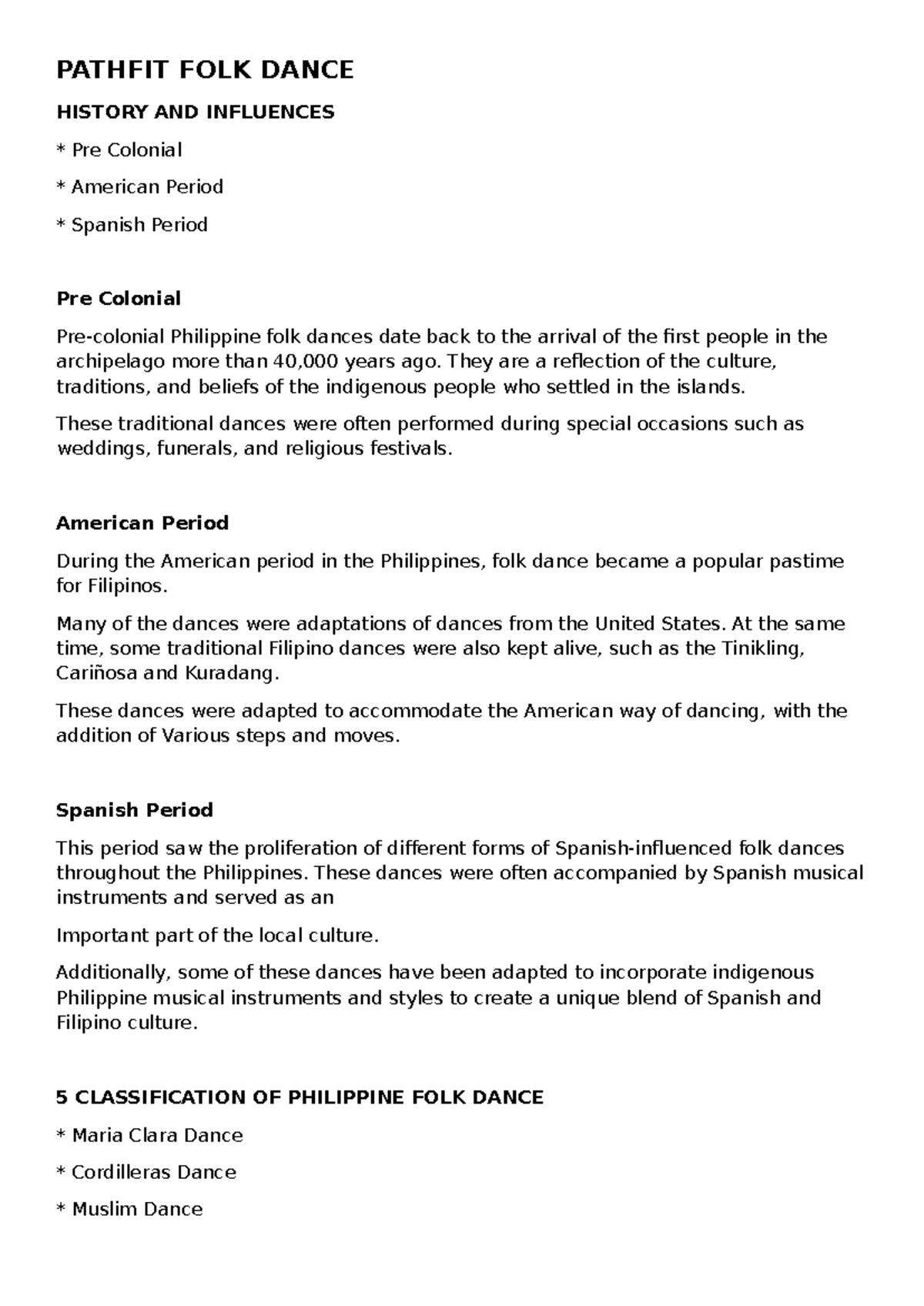 Pathfit- Reviewer: Historical Overview of Philippine Folk Dance - Studocu