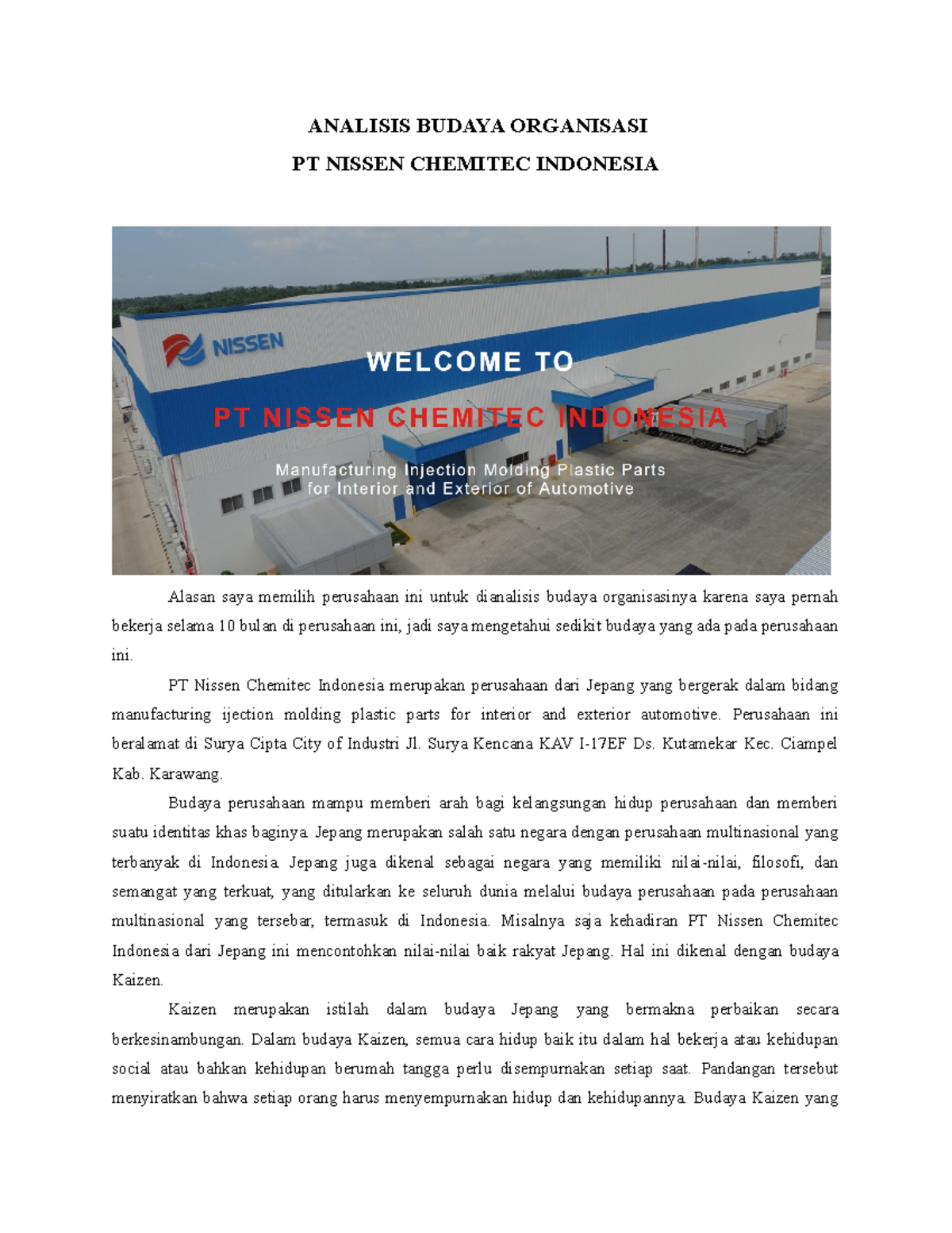 Analisis Budaya Organisasi di PT Nissen Chemitec Indonesia - Studocu