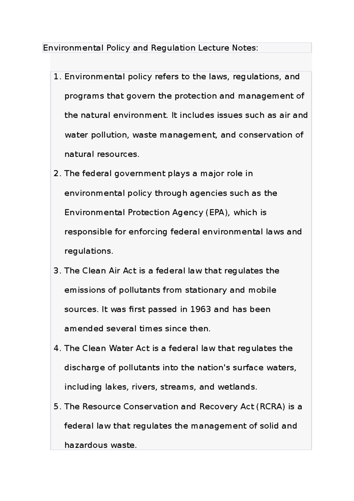 ENV 101: Environmental Policy & Regulation Lecture Notes - Studocu