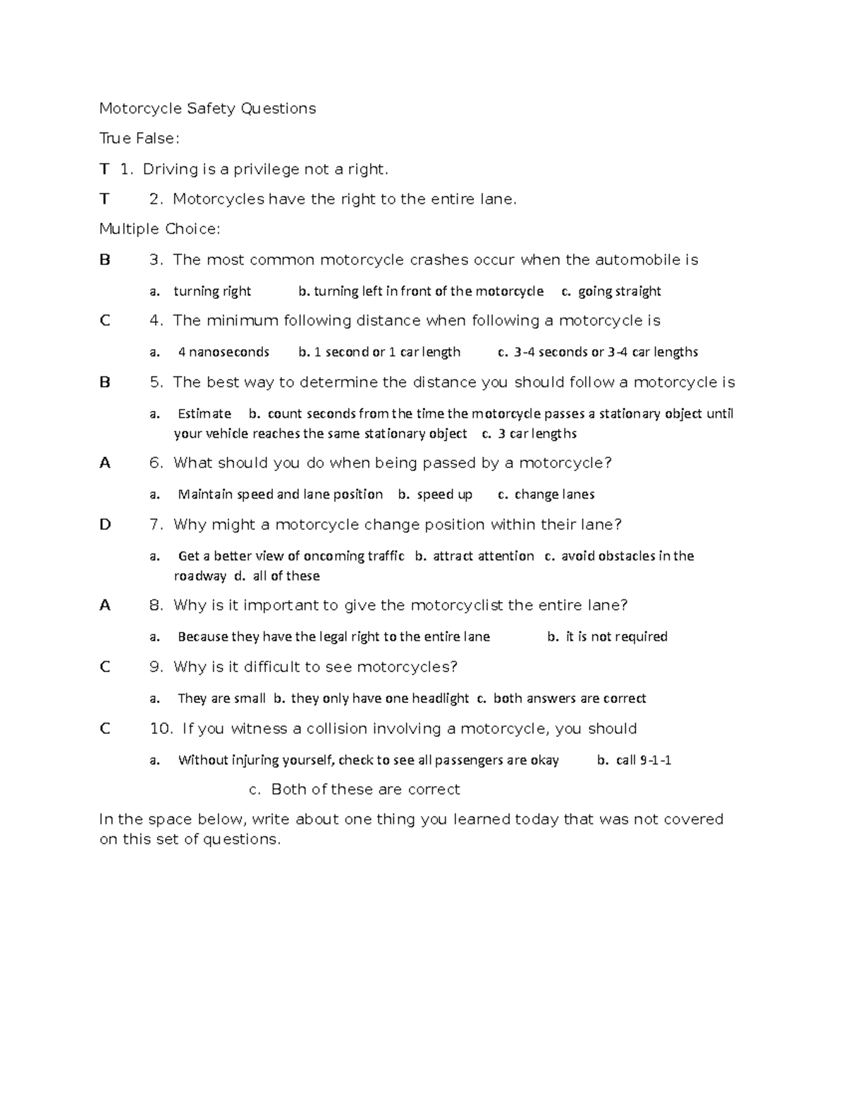 Motorcycle Safety Quiz Questions and Guidelines - Studocu