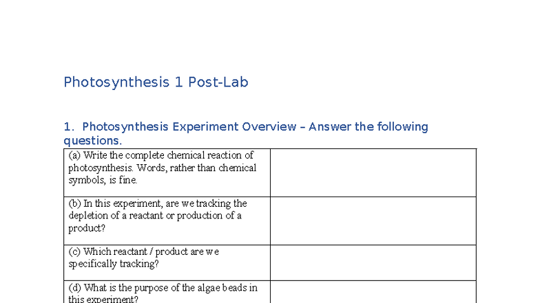 Photosynthesis Experiment Overview - Post-Lab 241-1 - Studocu