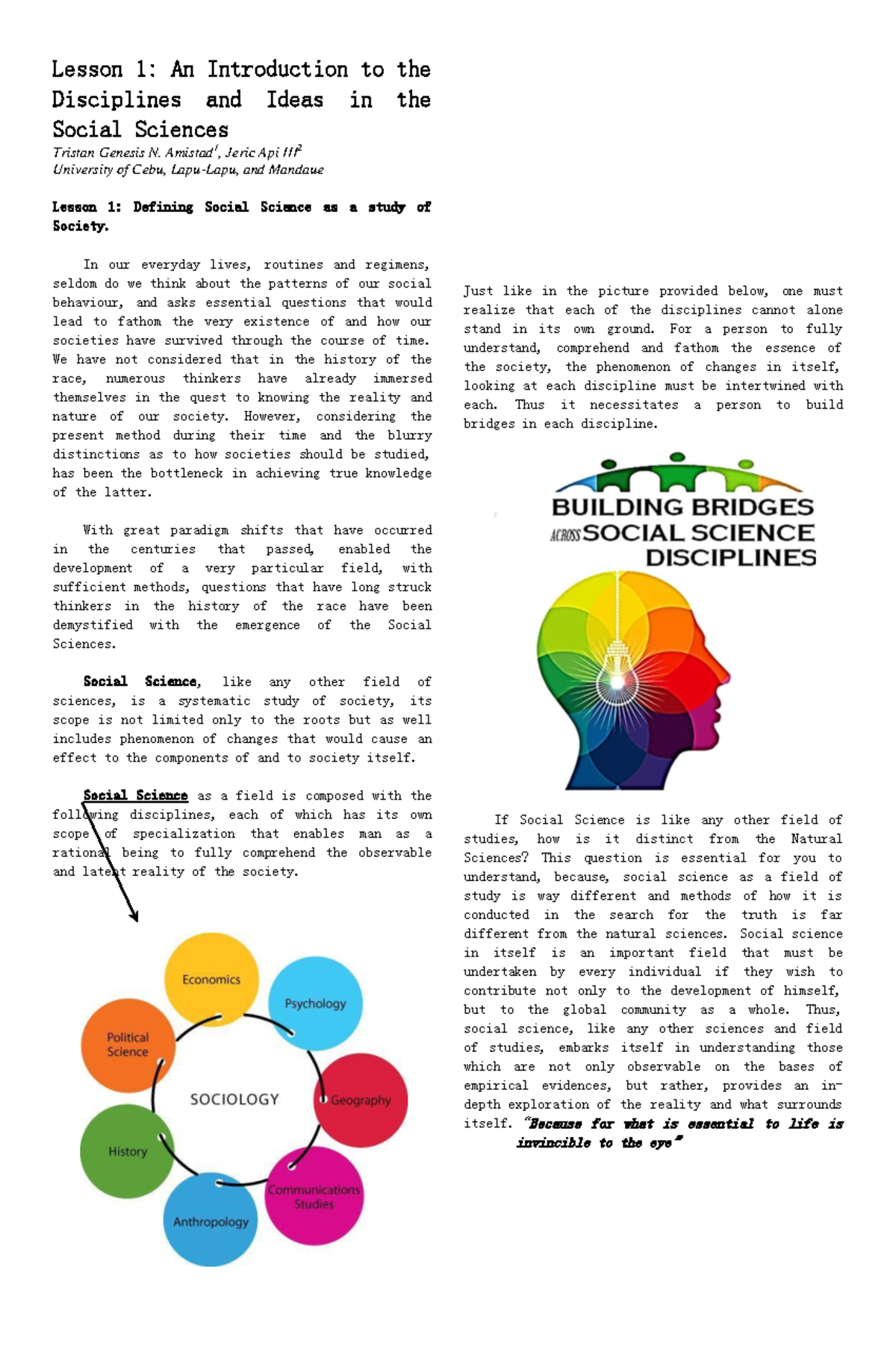 Lesson 1: Disciplines and Ideas of the Social Sciences - Lesson 1 : An ...