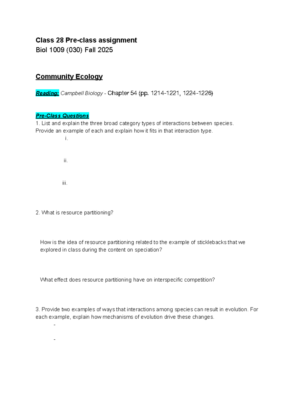 Class 28 Pre-Class Assignment: BIOL 1009 (030) Community Ecology ...