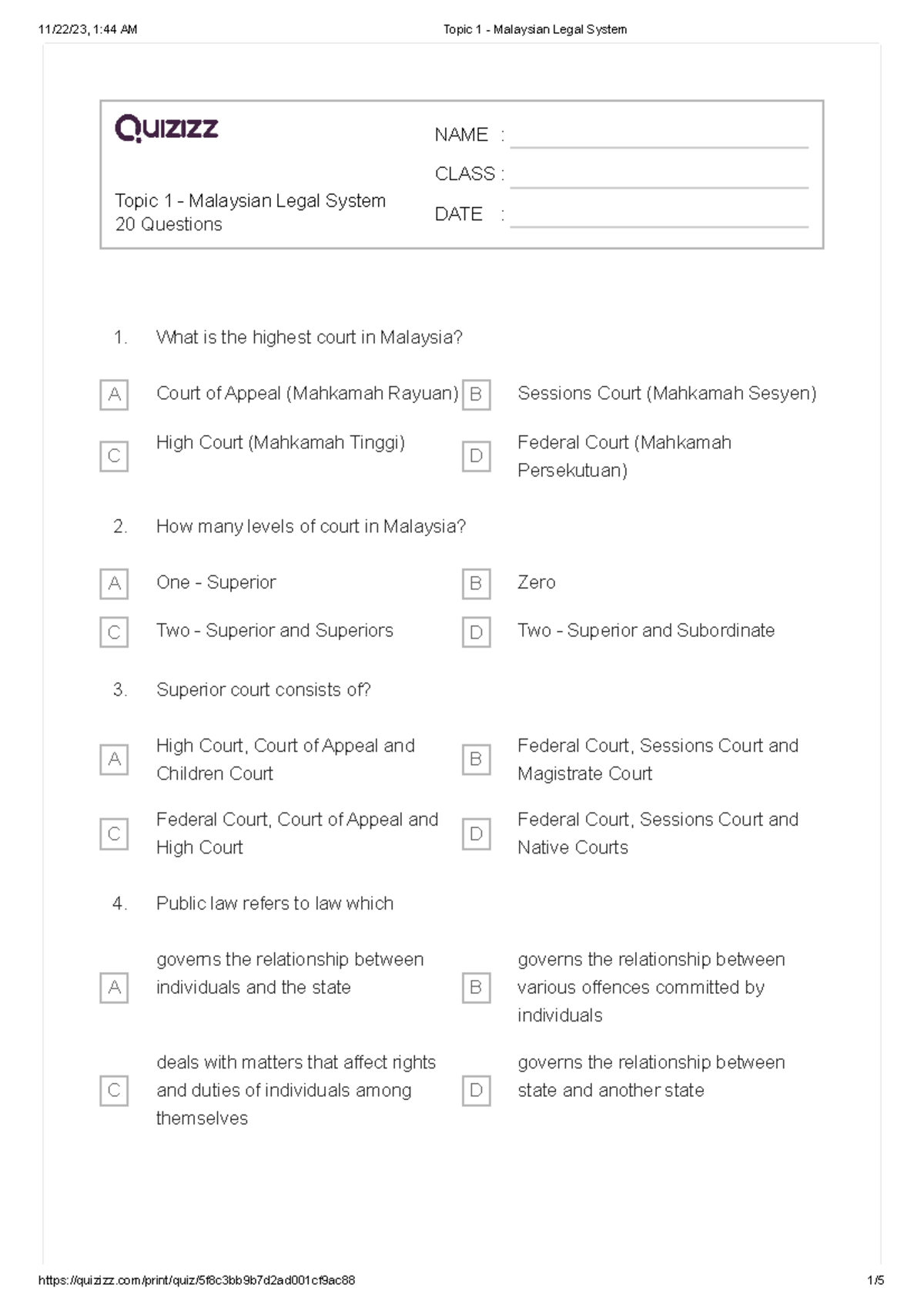 Topic 1: Malaysian Legal System Quiz Questions and Answers - Studocu