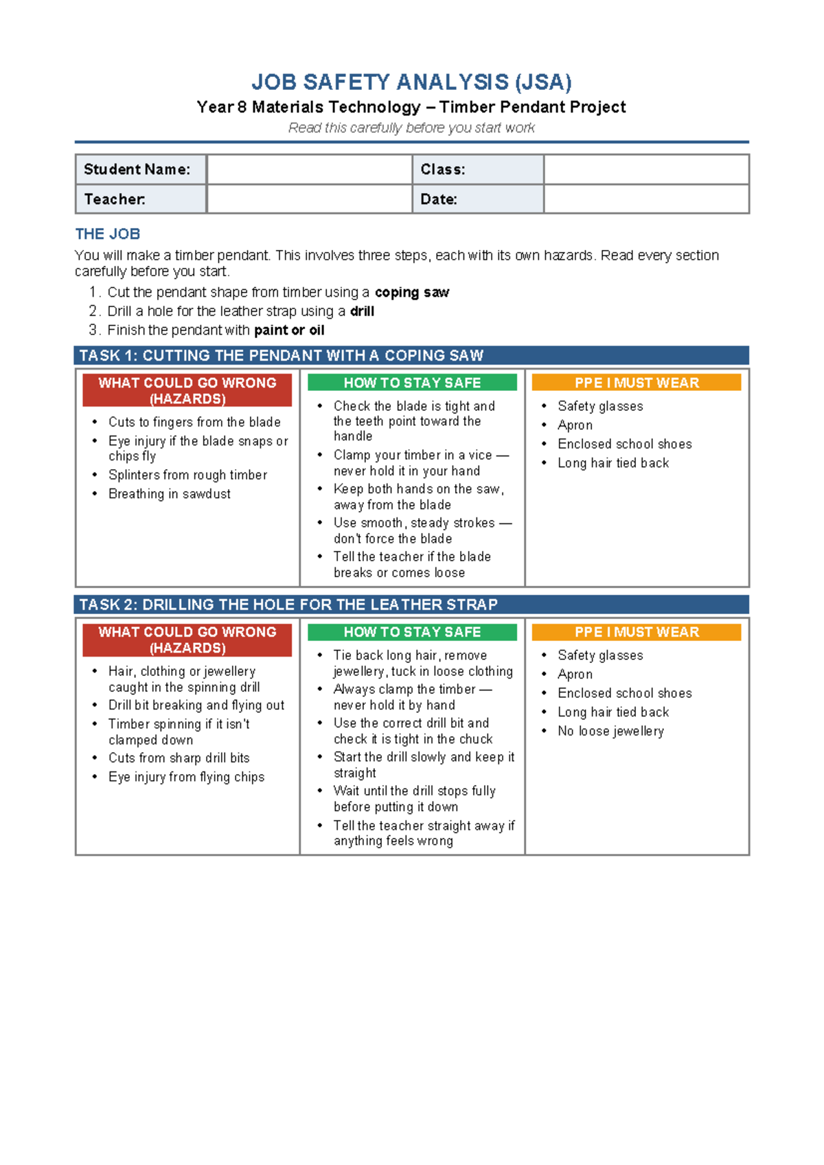 Year 8 Timber Pendant Project JSA: Safety Guidelines & Hazards - Studocu