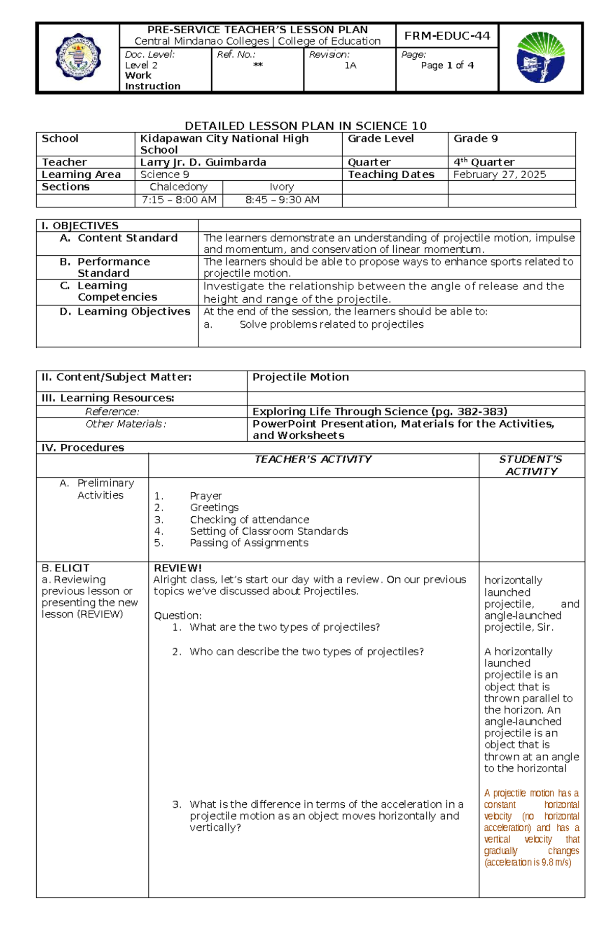 S9-4th Quarter Lesson Plan: Projectile Motion in Science 9 - Studocu