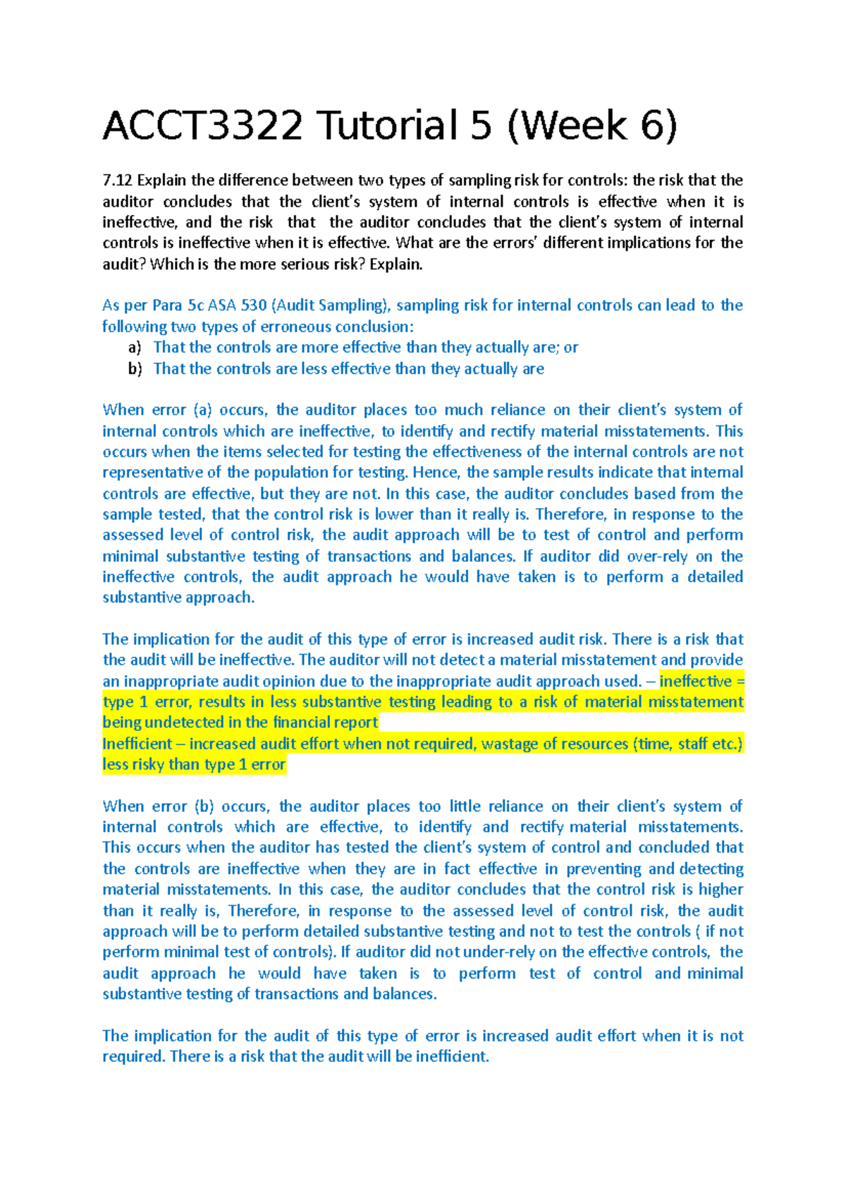 ACCT3322 Tutorial 5: Understanding Sampling Risk in Internal Controls ...