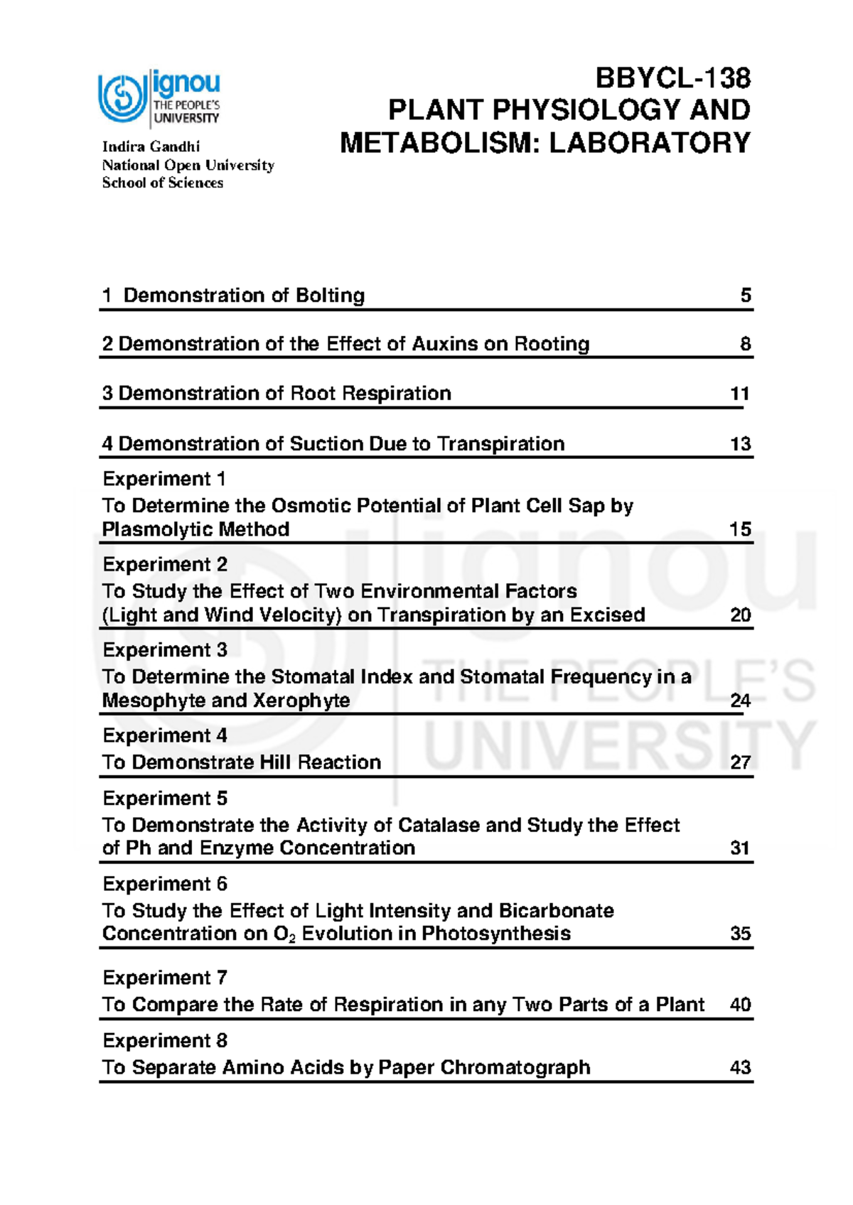 BCL 138 Plant Physiology and Metabolism: Lab Experiments Overview - Studocu