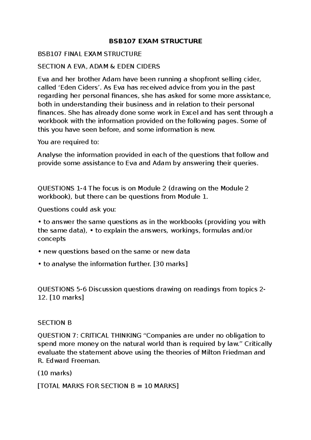 BSB107 FINAL EXAM STRUCTURE: EVA & ADAM CIDER BUSINESS ANALYSIS - Studocu