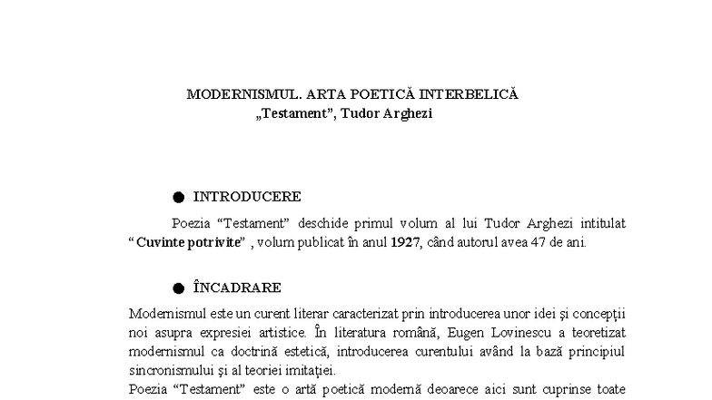 MODERNISMUL ÎN POEZIA LUI TUDOR ARGHEZI - STUDIU 1927 - Studocu