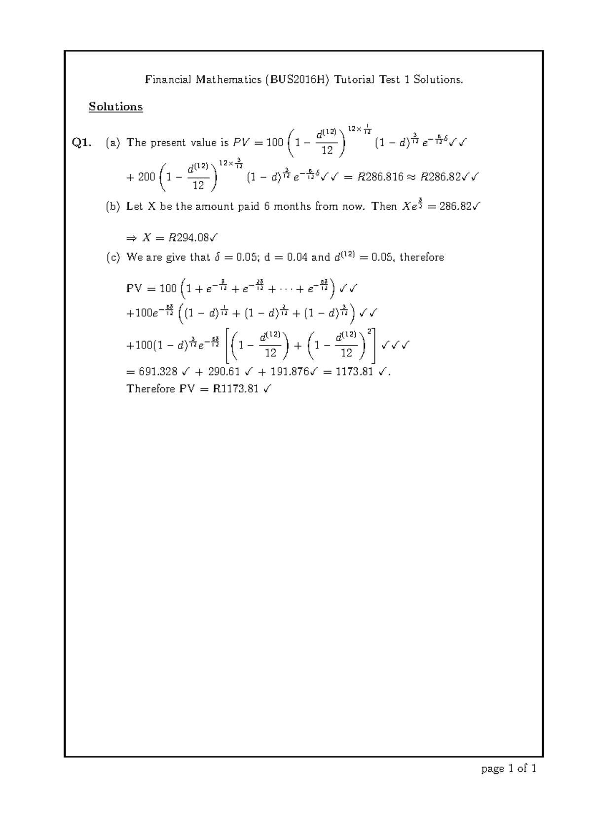 Financial Mathematics (BUS2016H) Tutorial Test 1 Solutions Explained ...