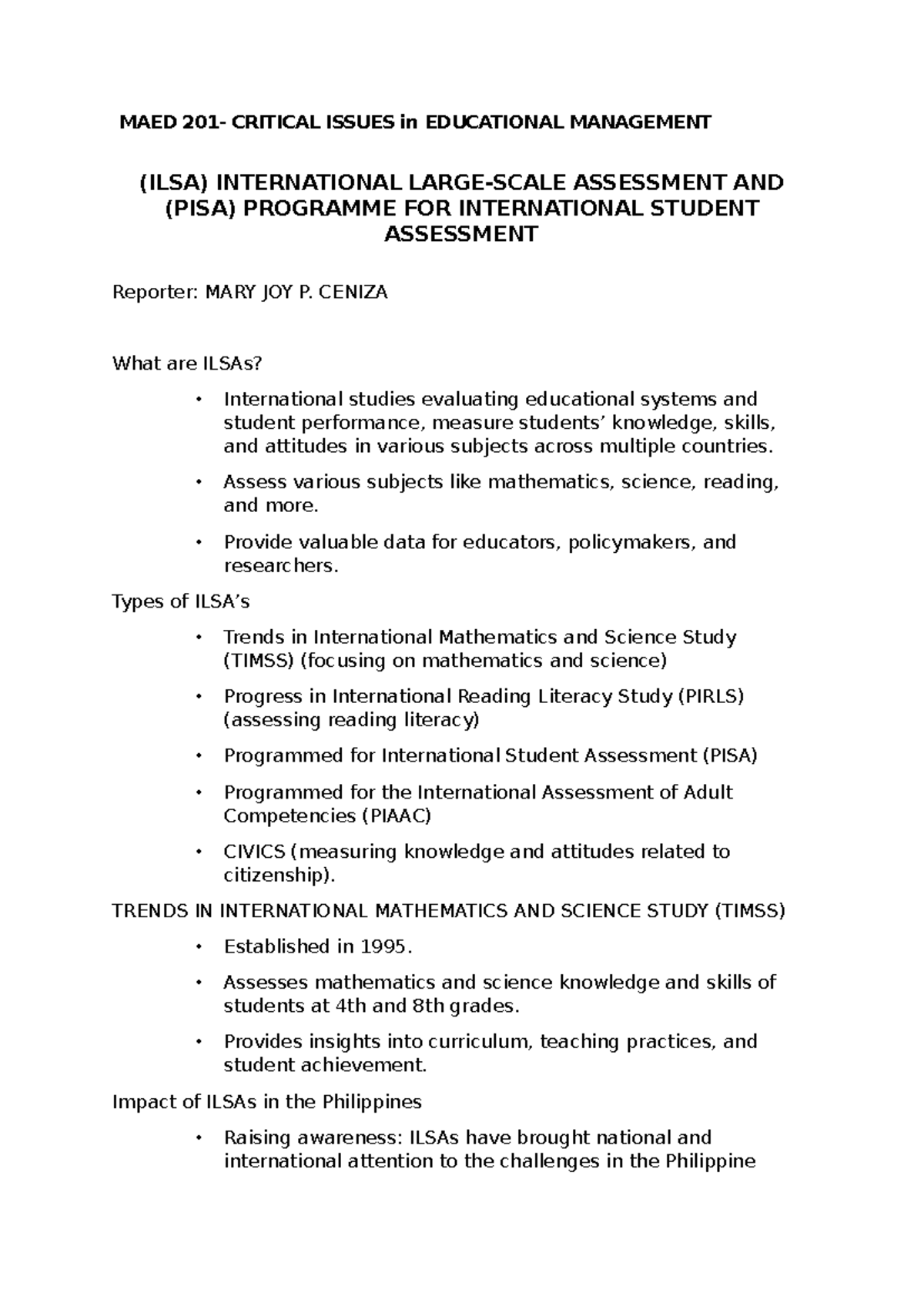 (ILSA) International Large- Scale Assessment AND (PISA) Programme FOR ...