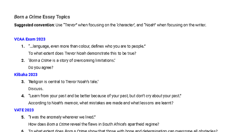 Born a Crime (2024) - Suggested Practice Essay Topics & Guidelines ...