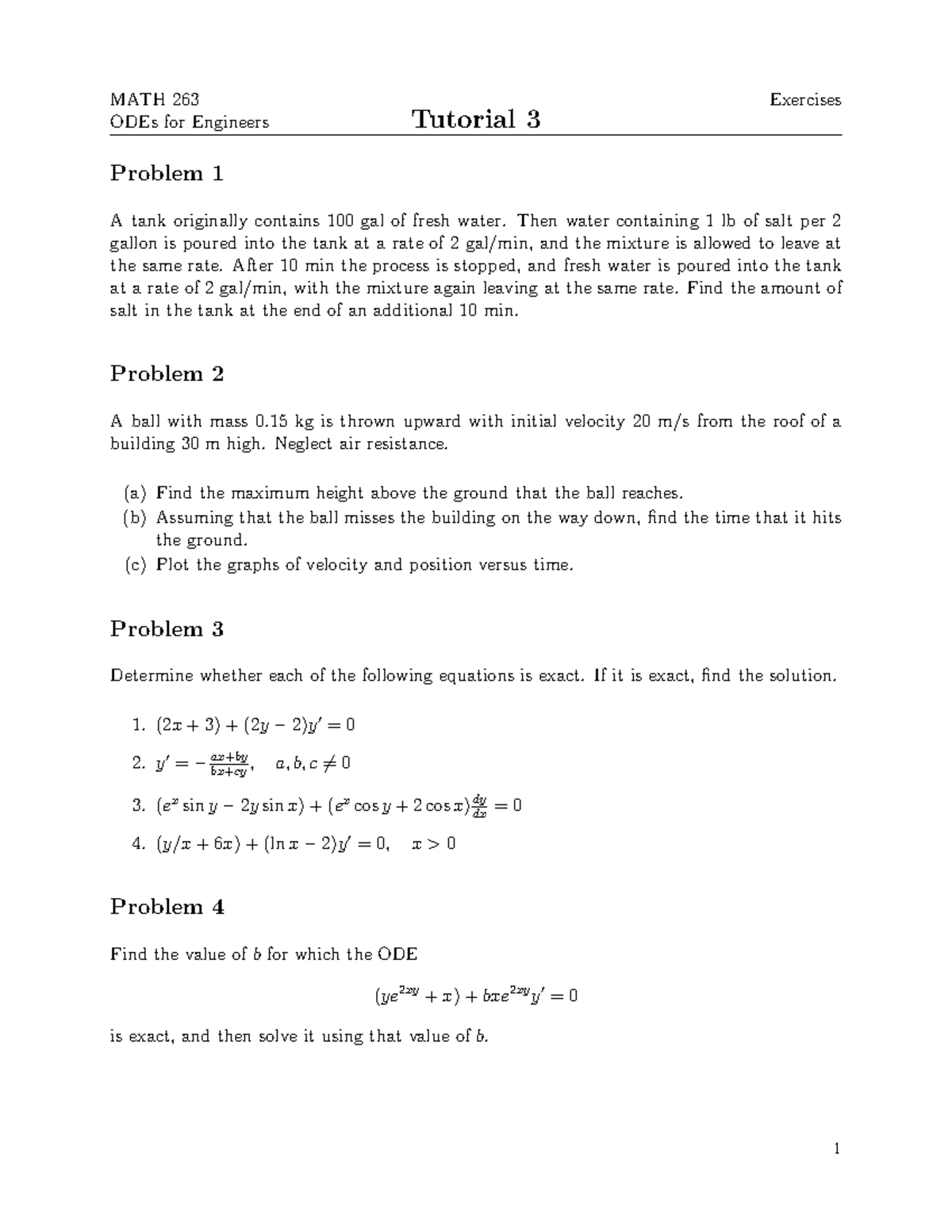 MATH 263 ODEs for Engineers Tutorial 3 Exercises and Solutions - Studocu