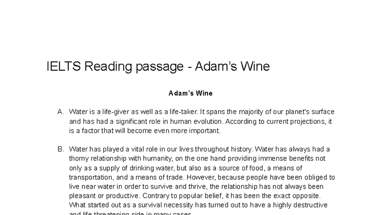 IELTS Academic Reading Practice Test 1: Water's Role and Future ...