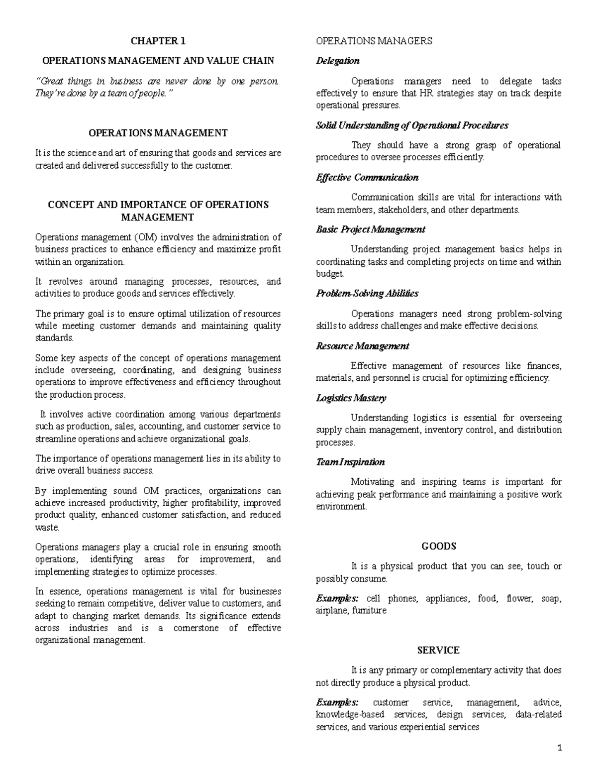CHAPTER 1: OPERATIONS MANAGEMENT & VALUE CHAIN - TQM Lecture Notes ...