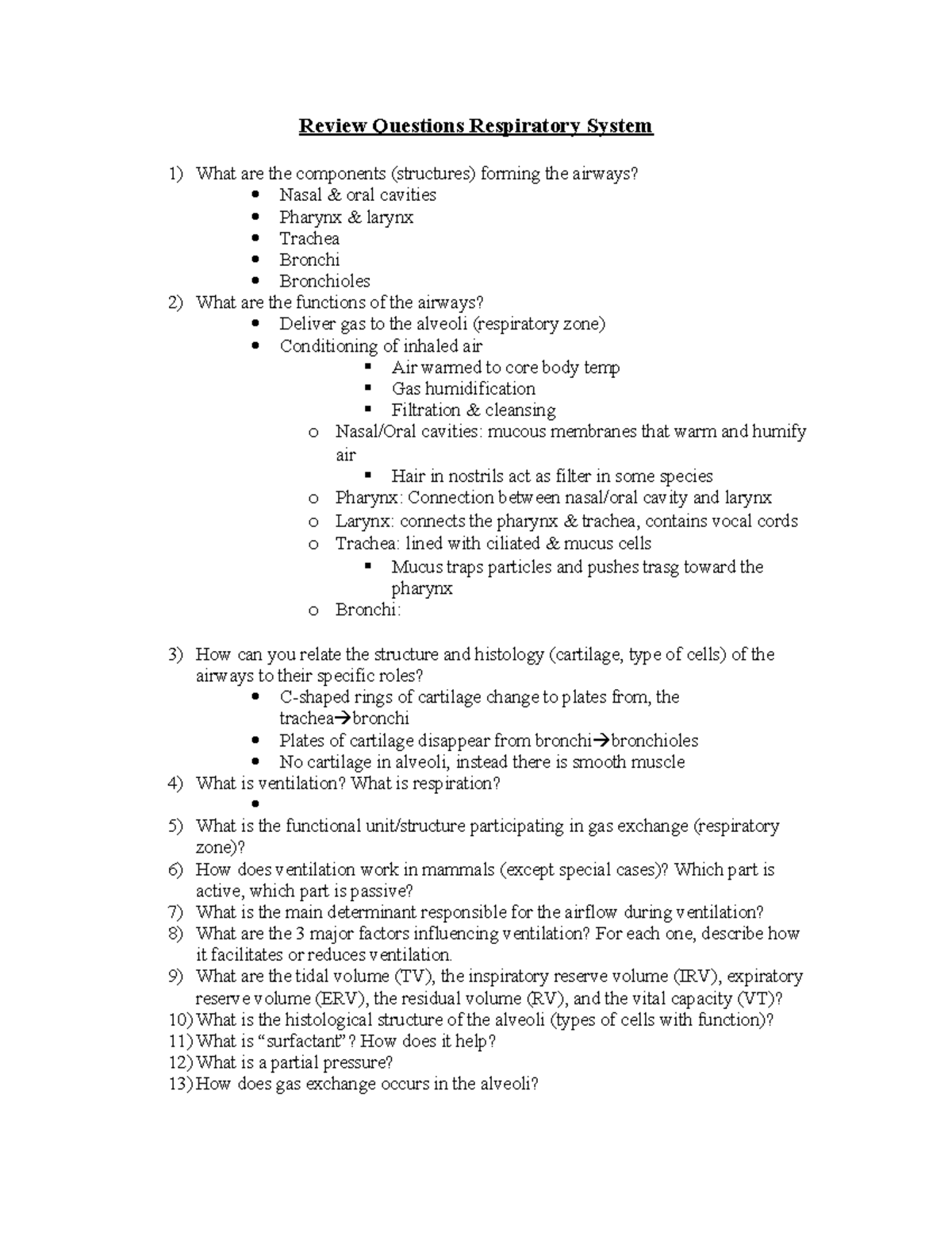 Review Questions on the Respiratory System (Respiratory 101) - Studocu