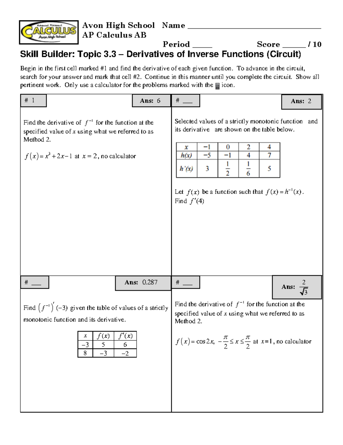 AP Calculus AB - Skill Builder on Derivatives of Inverse Functions ...