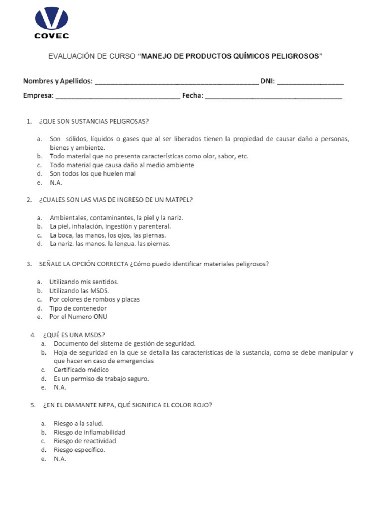 Examen COVEC: Evaluación de Residuos Peligrosos y Materiales Químicos ...
