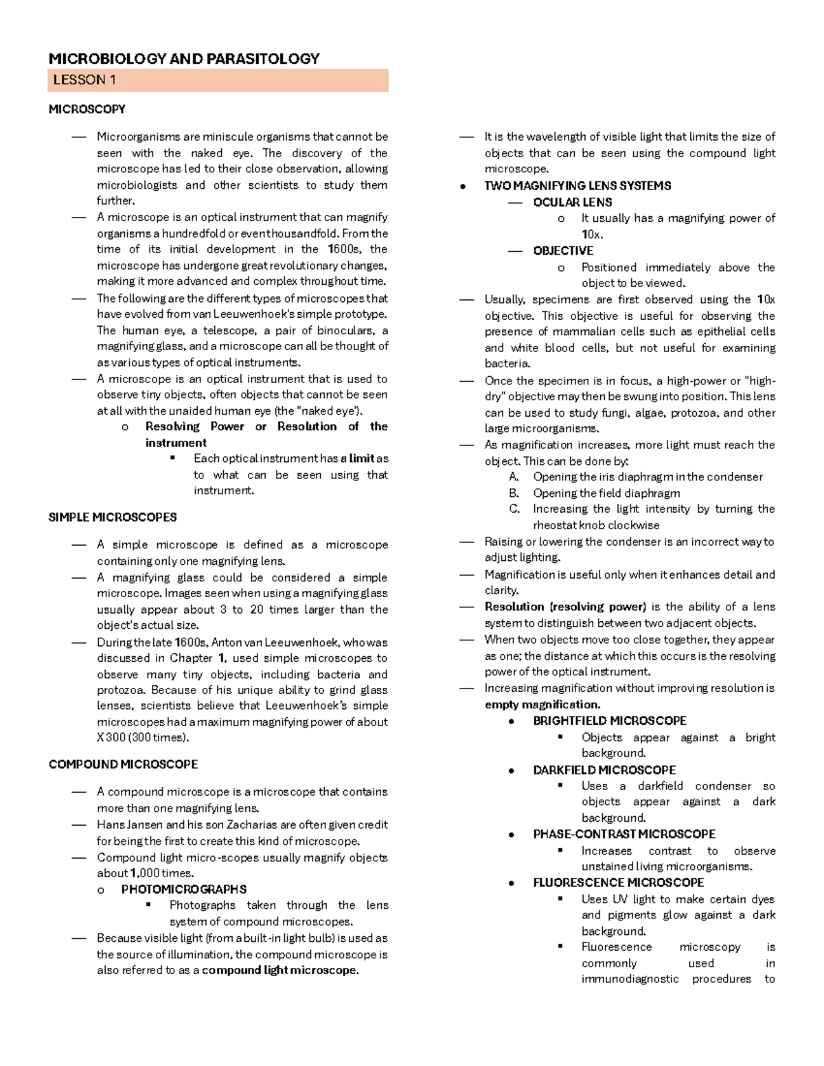 Microbiology AND Parasitology LAB Lesson 1 & 2 pdf - MICROBIOLOGY AND ...