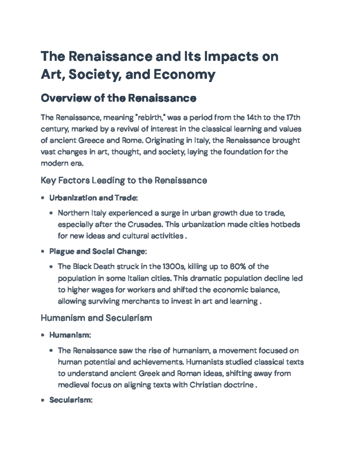 Renaissance (HIST 101): Impacts on Art, Society, and Economy Overview ...