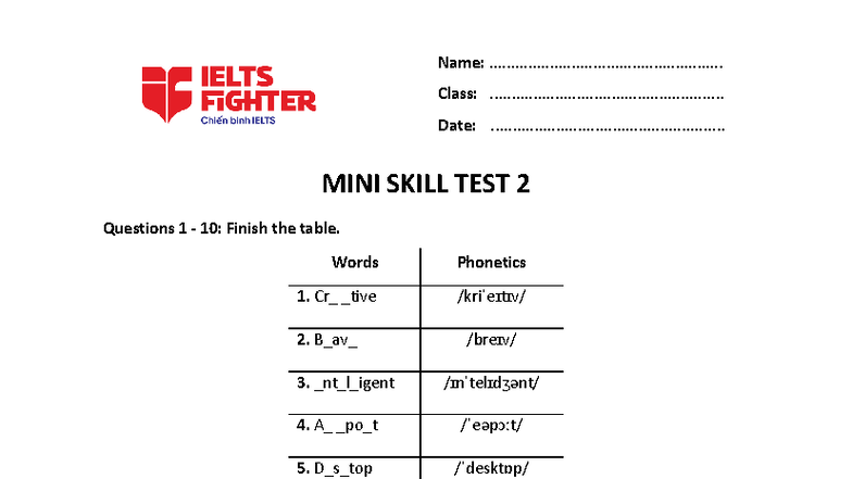 MINI SKILL TEST 2 - Vocabulary & Phonetics Practice - Studocu