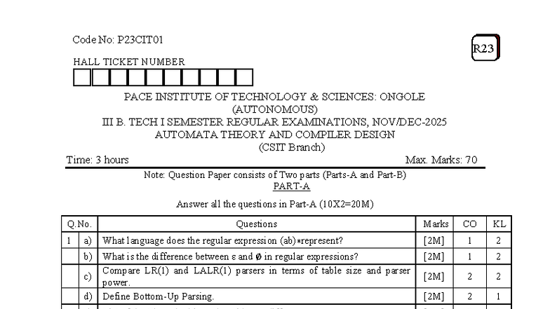 CSIT-ATCD-1: Automata Theory & Compiler Design Exam Notes - Studocu