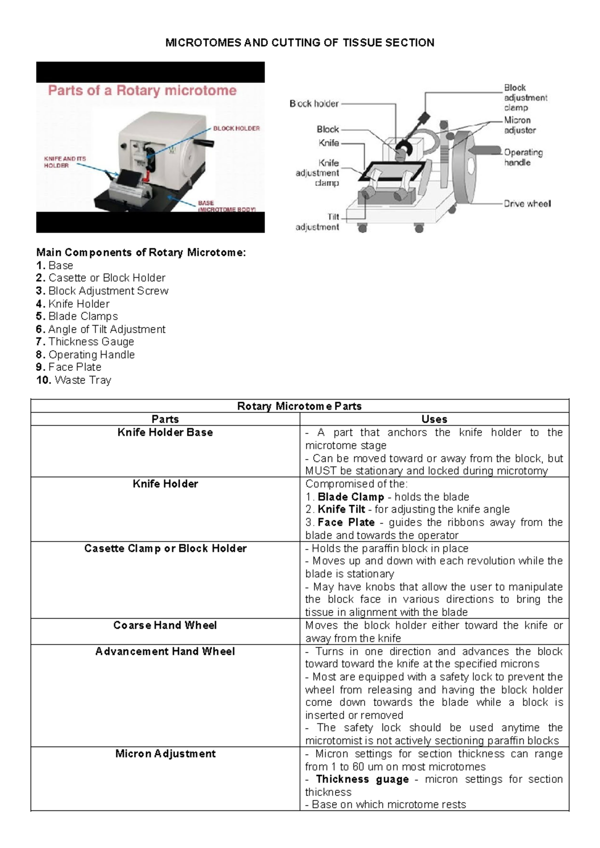 MICR 101: Microtomy Lab - Rotary Microtome Components & Uses - Studocu