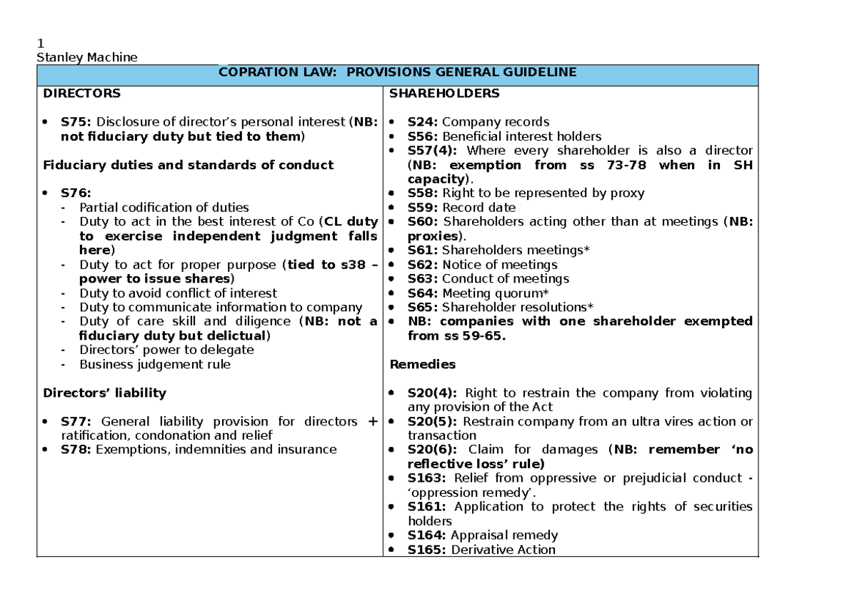 Stanley Machine Corporation Law: Directors & Shareholders Guidelines ...