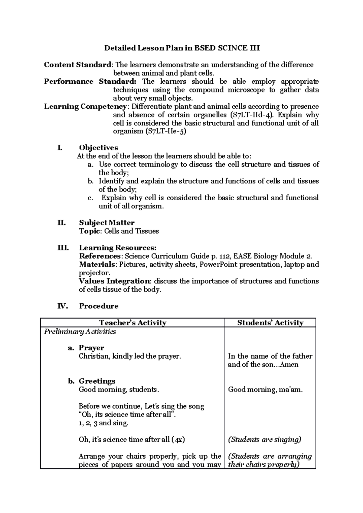 BSED SCINCE III Detailed Lesson Plan: Cells and Tissues Final Exam ...