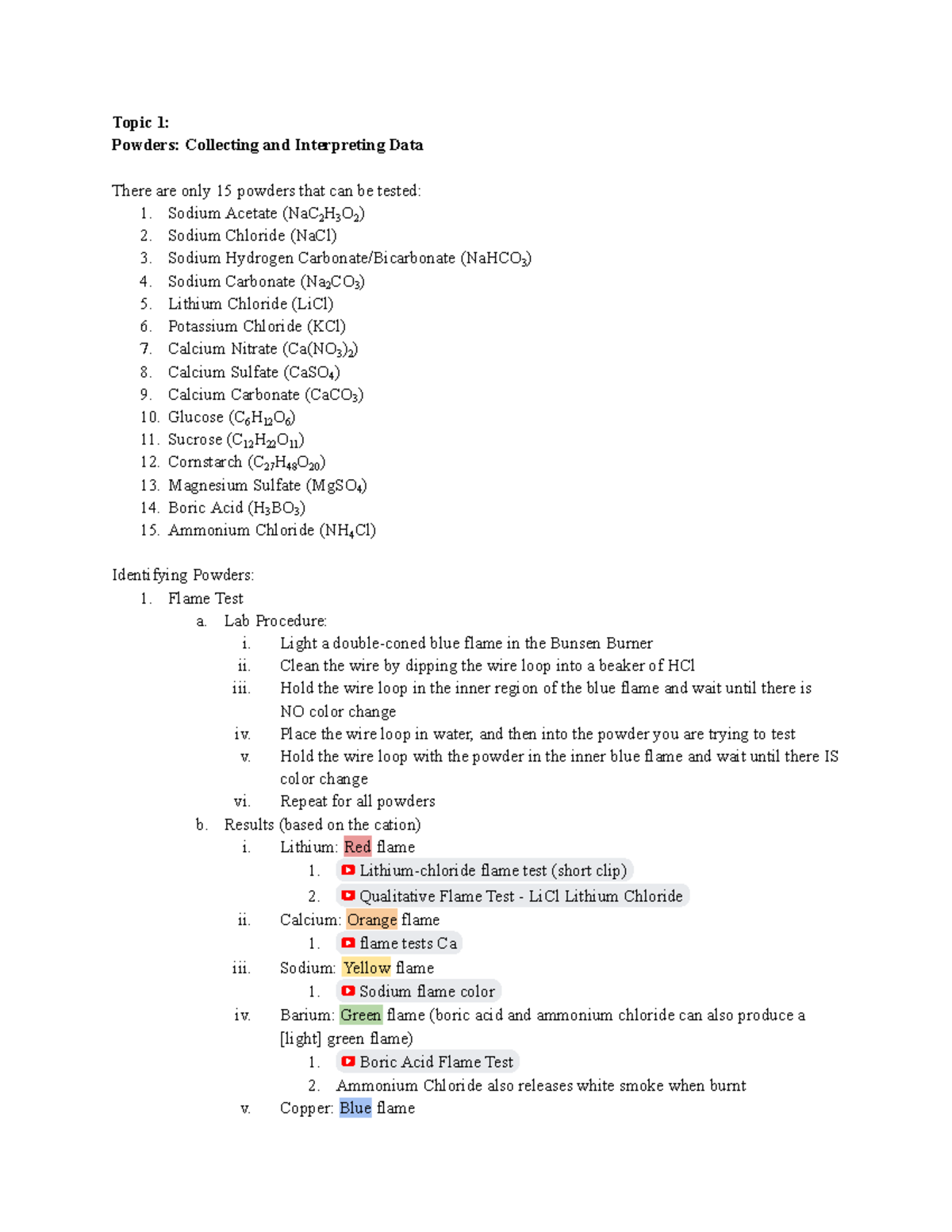 Lab Procedures and Data Interpretation for Chemical Powders (CHEM 101 ...