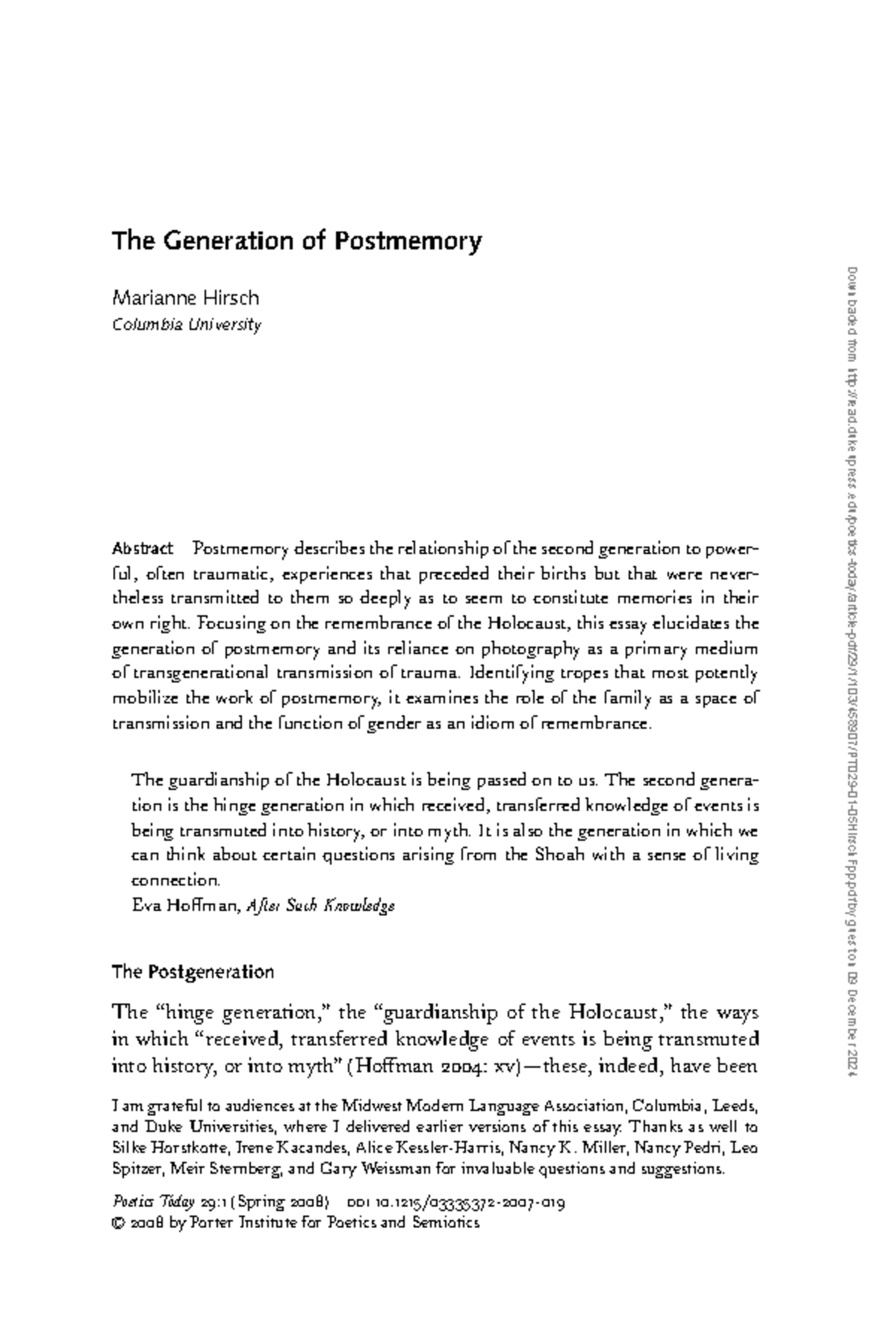 The Generation of Postmemory - The Generation of Postmemory Marianne ...