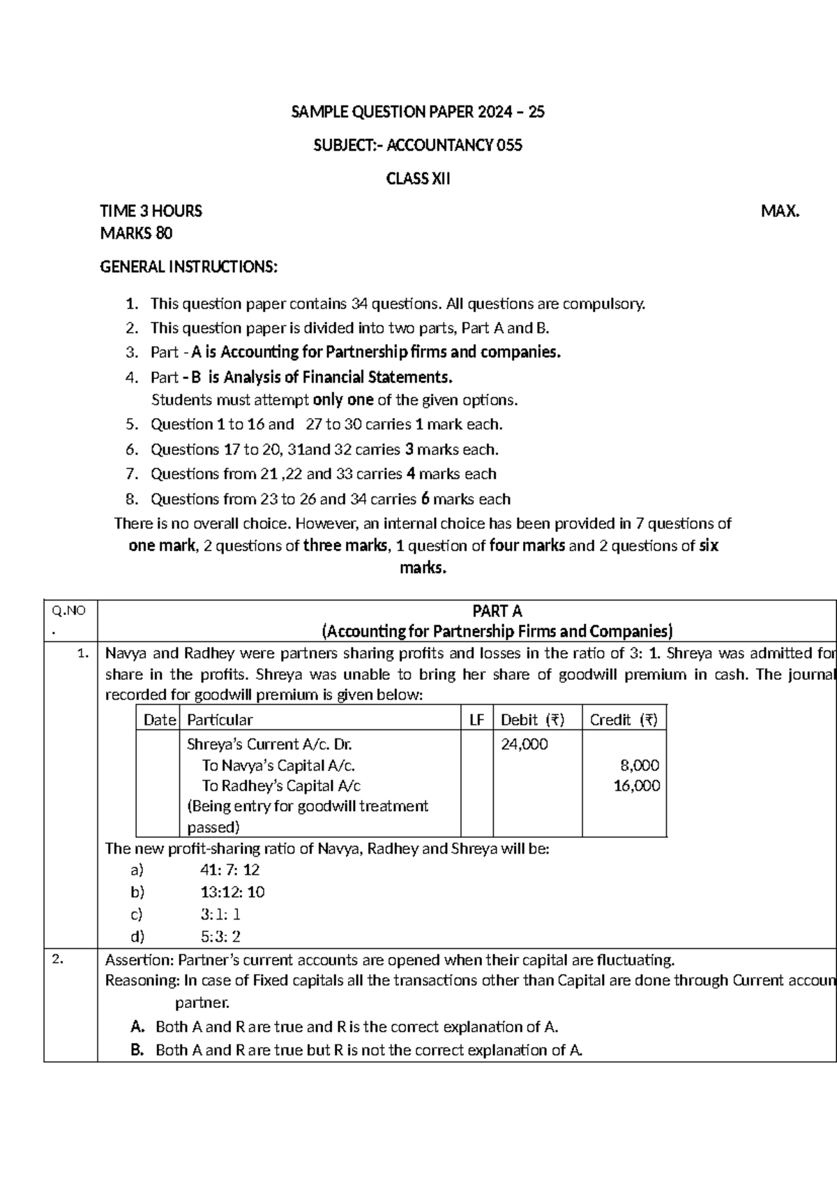 SAMPLE QUESTION PAPER 2024-25 ACCOUNTANCY 055 CLASS XII - 3 HOURS, 80 ...