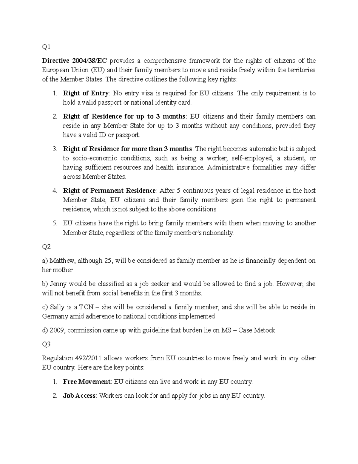 Seminar 3 EU - Comprehensive Notes on Free Movement Rights - Studocu