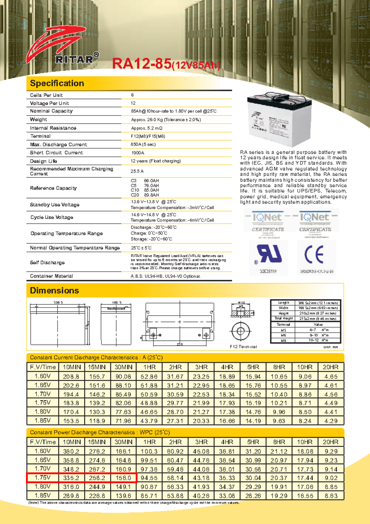 RA12-85 - UPS SISTEMAS - RA12-85(12V85Ah) Constant Current Discharge Characteristics : A (25 °C ...