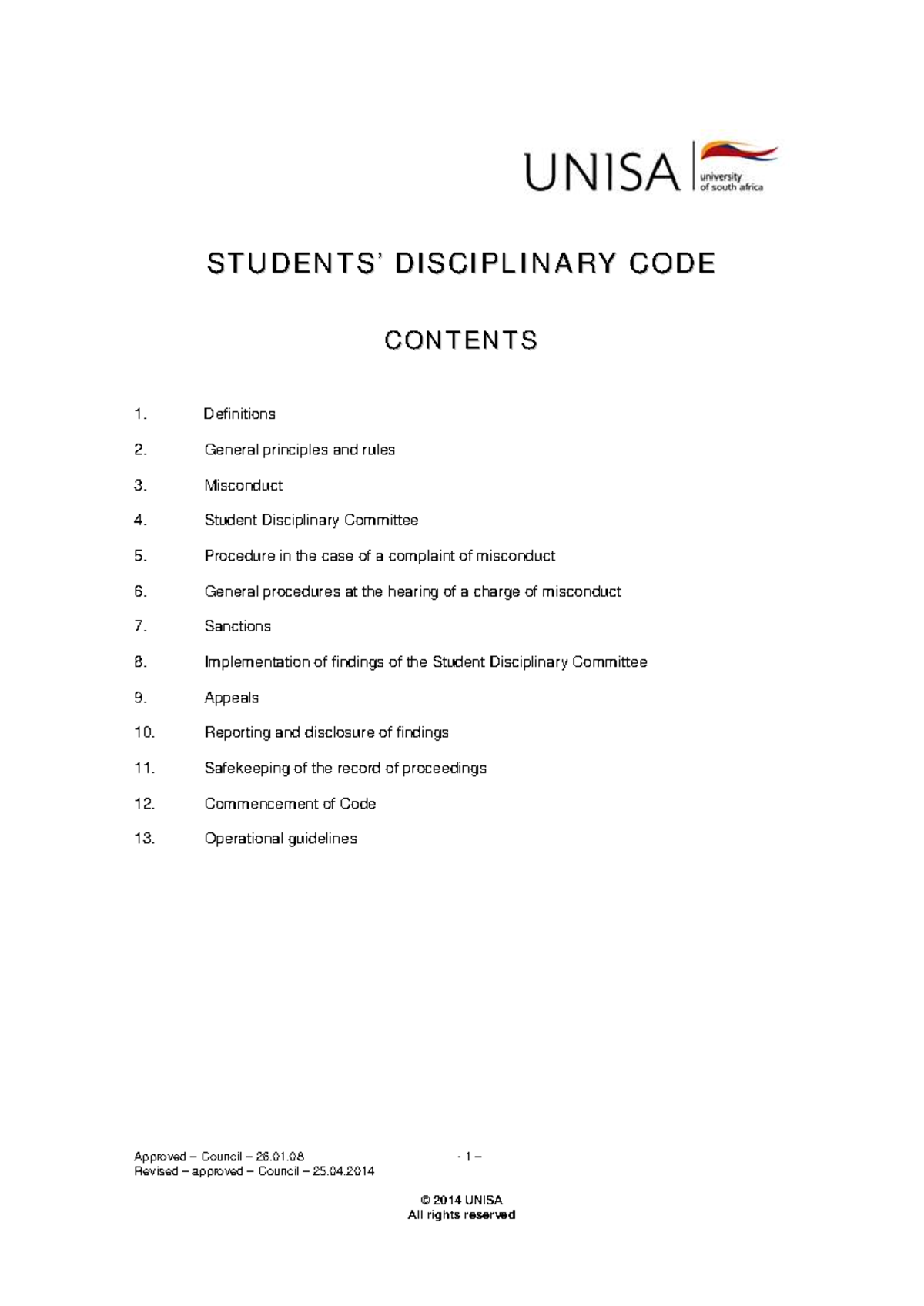 Students Disciplinary Code (SDC) - Revised April 2014 - Studocu