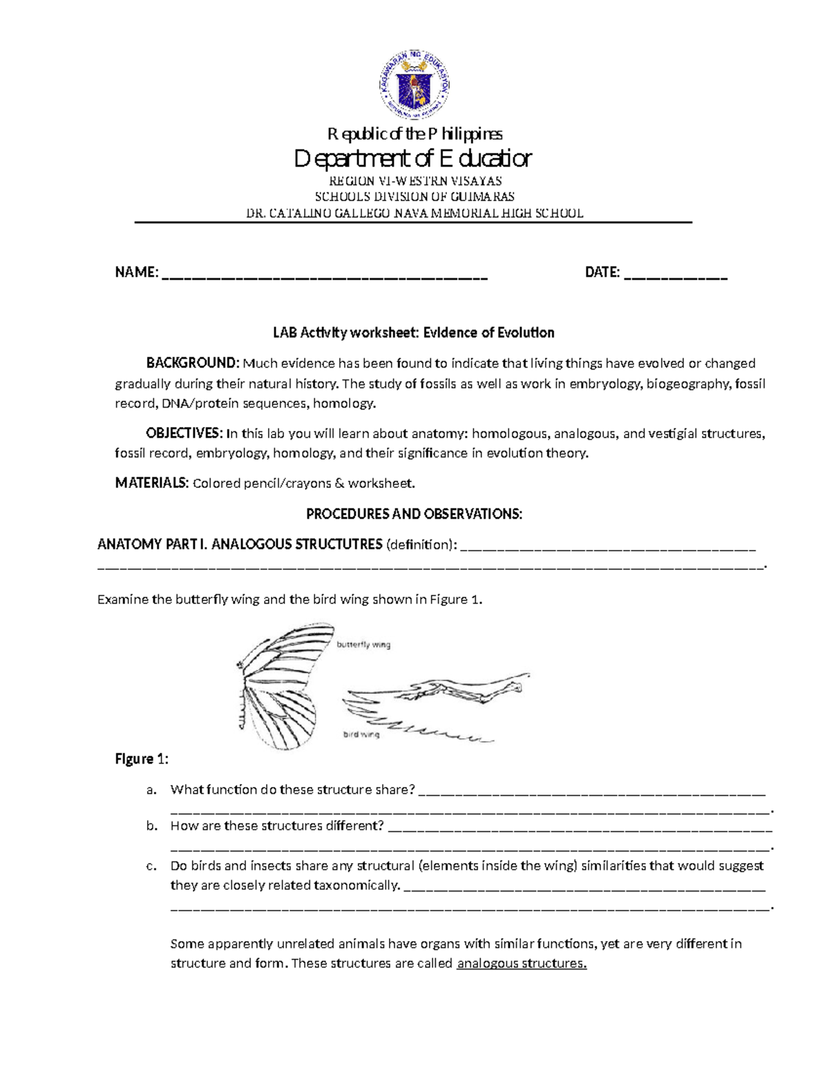 Lab Activity Worksheet: Homology in Evolution – Evidence & Structures ...