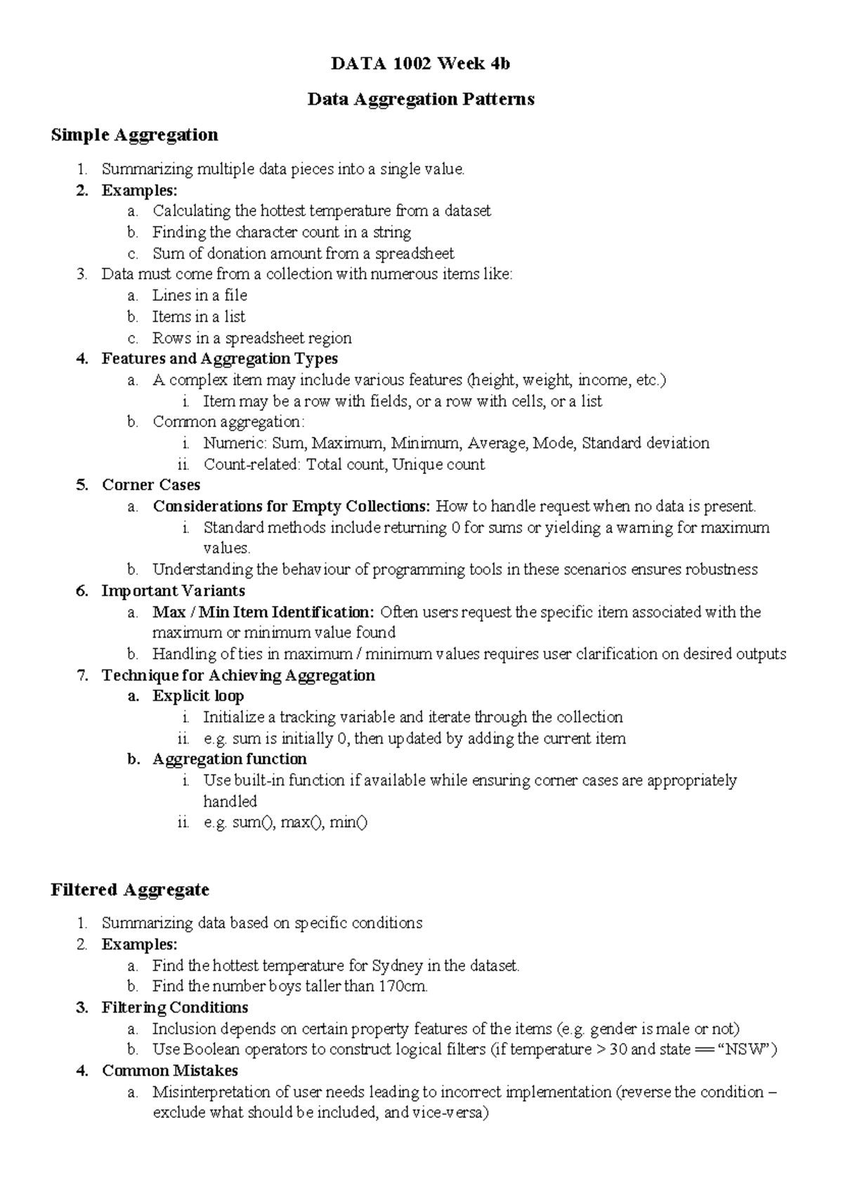 DATA 1002 Week 4 Notes: Data Aggregation Patterns Explained - Studocu