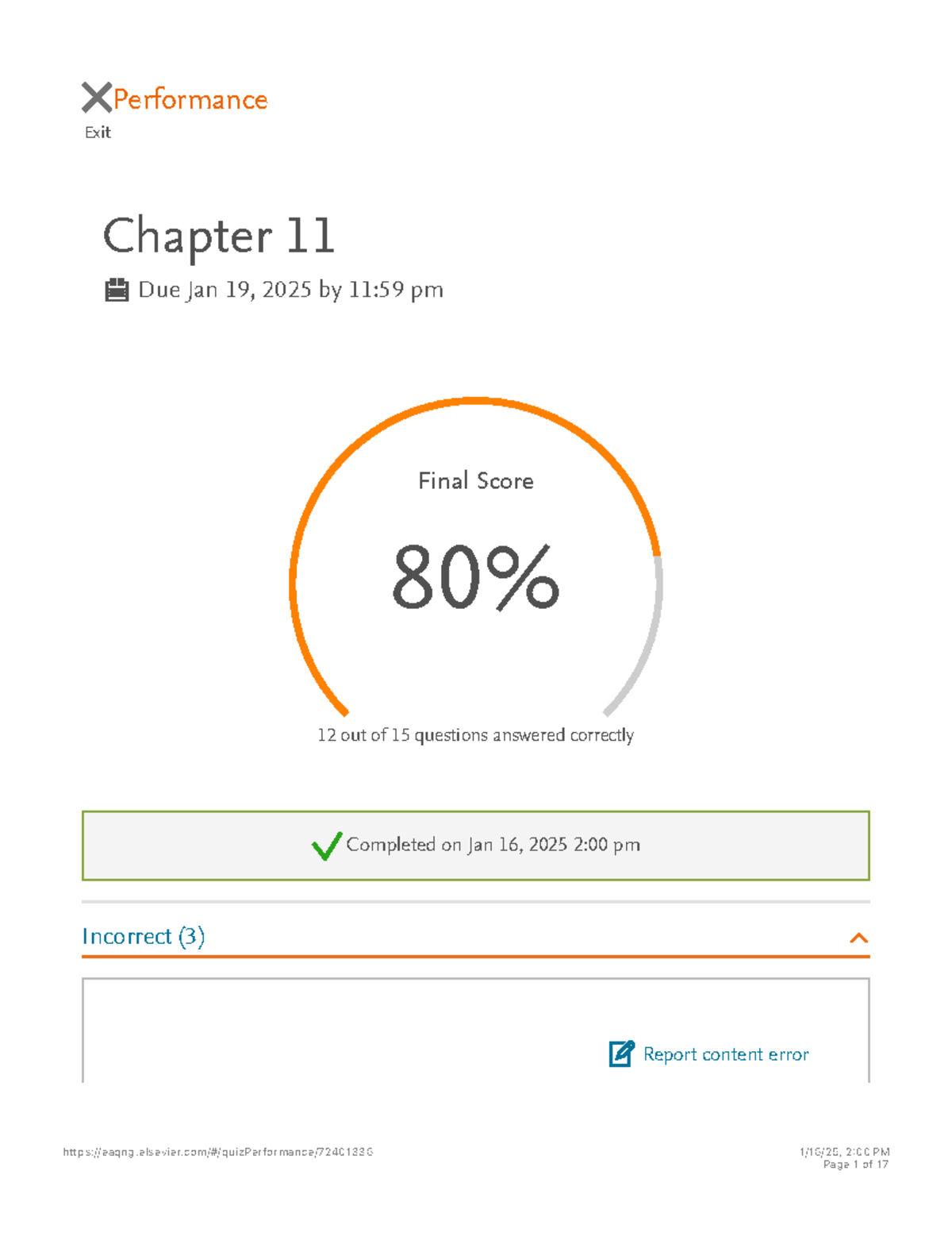 Elsevier Adaptive Quizzing - Quiz Performance Chapter 11 Review - Studocu