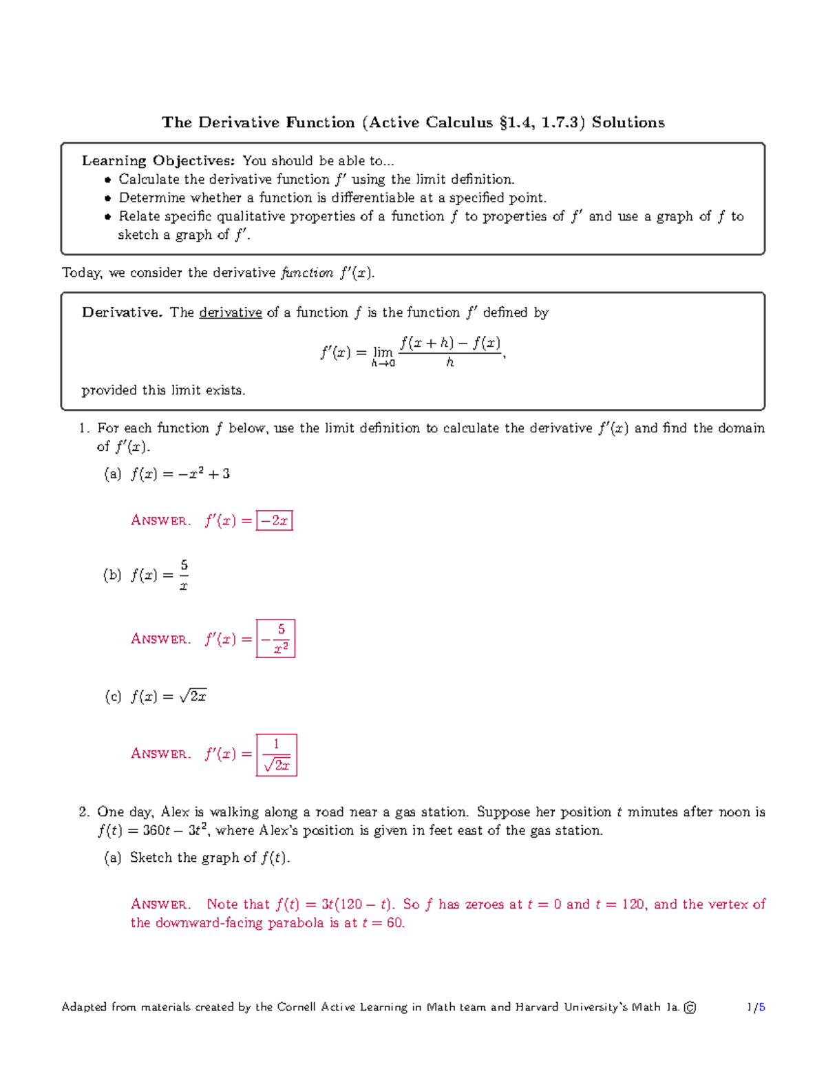 Worksheet 7: Derivative Function Solutions (Active Calc MATH 1110 ...