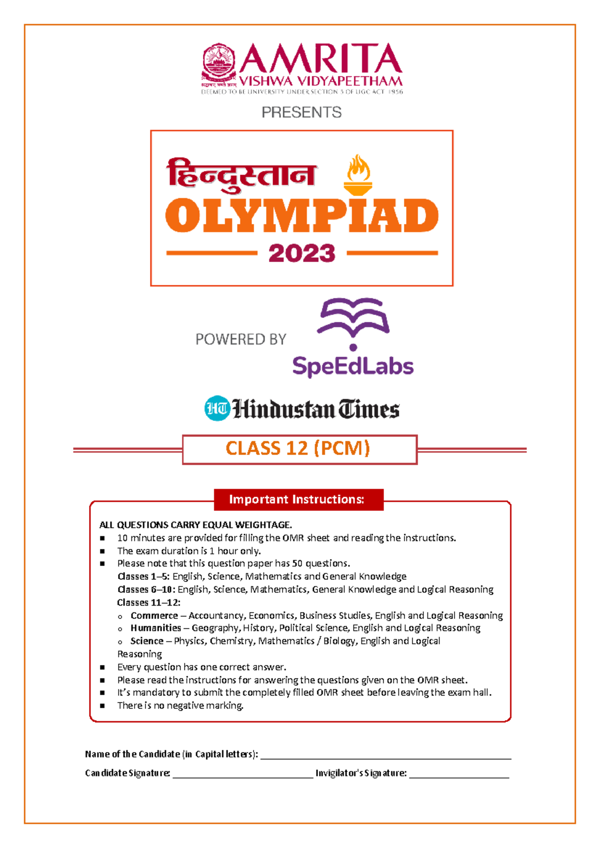 Hindustan Olympiad 2023: Class 12 (PCM) Exam Instructions and ...