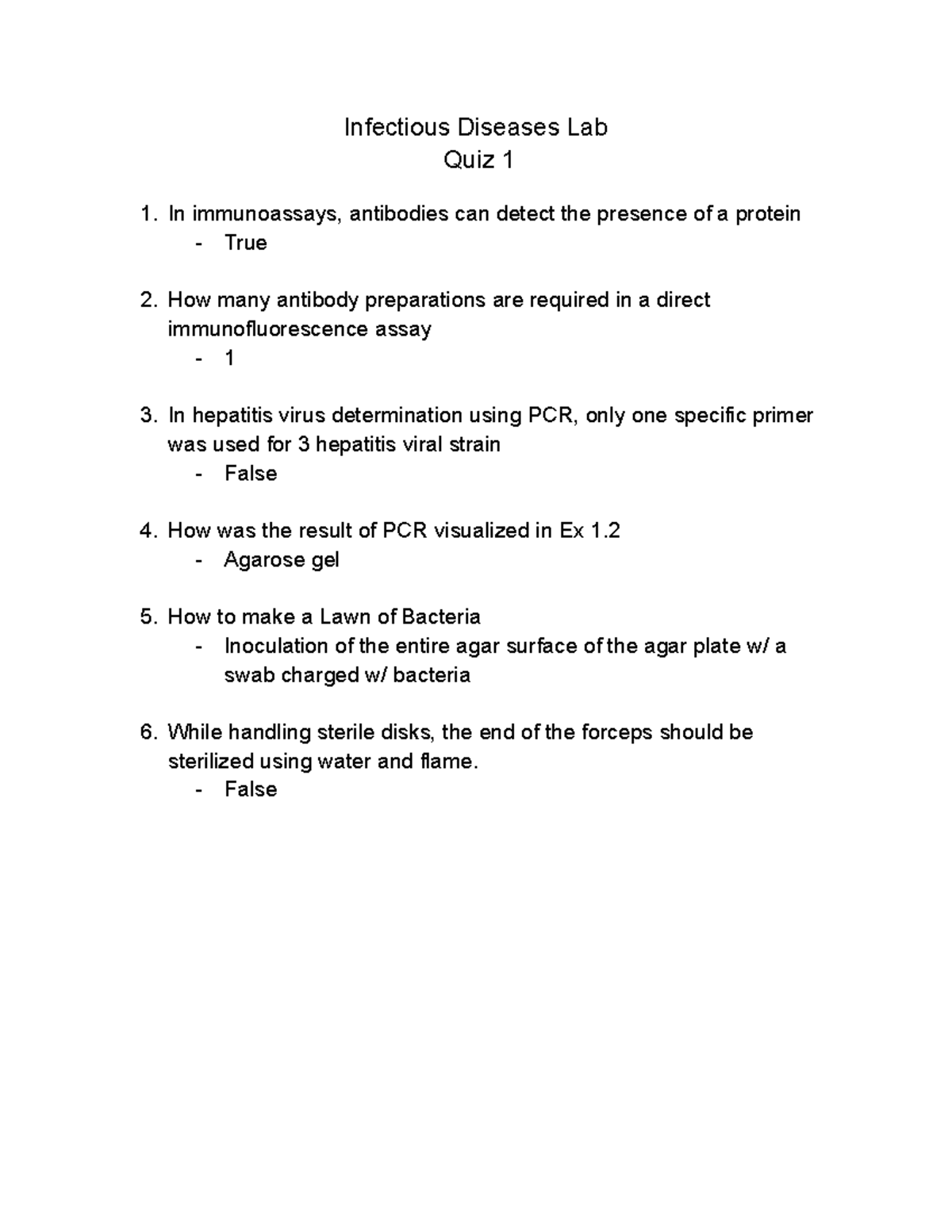 Infectious Diseases Lab Quiz 1: Key Concepts and Techniques - Studocu