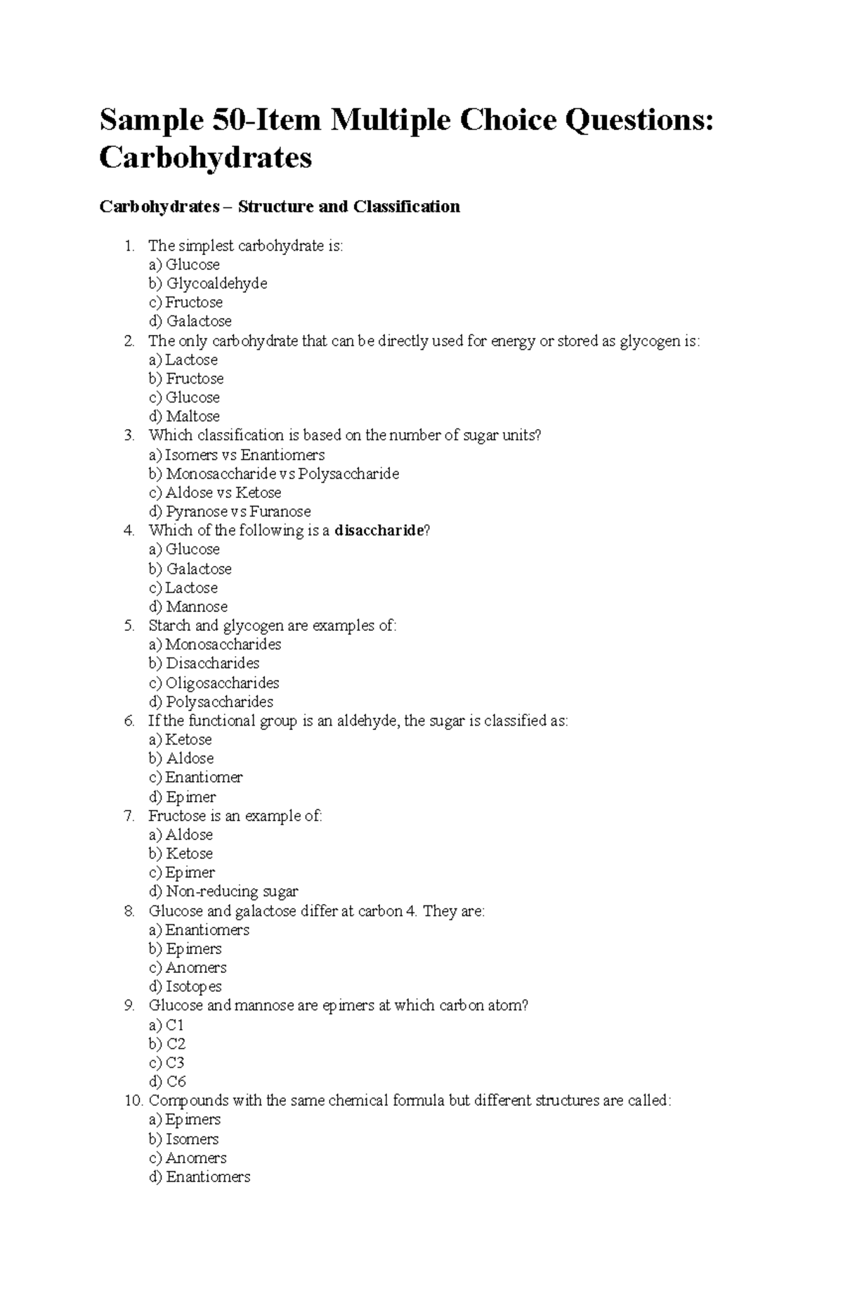 Sample MCQs on Carbohydrates: Structure, Classification & Metabolism ...